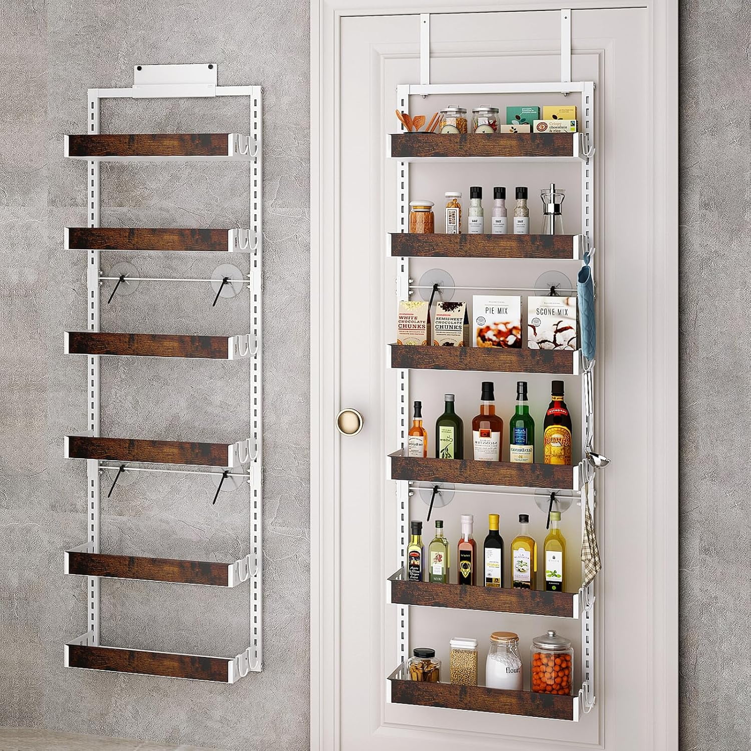 bukfen Over the Door Pantry Organizer, 6-Tier Adjustable Wooden Basket ...