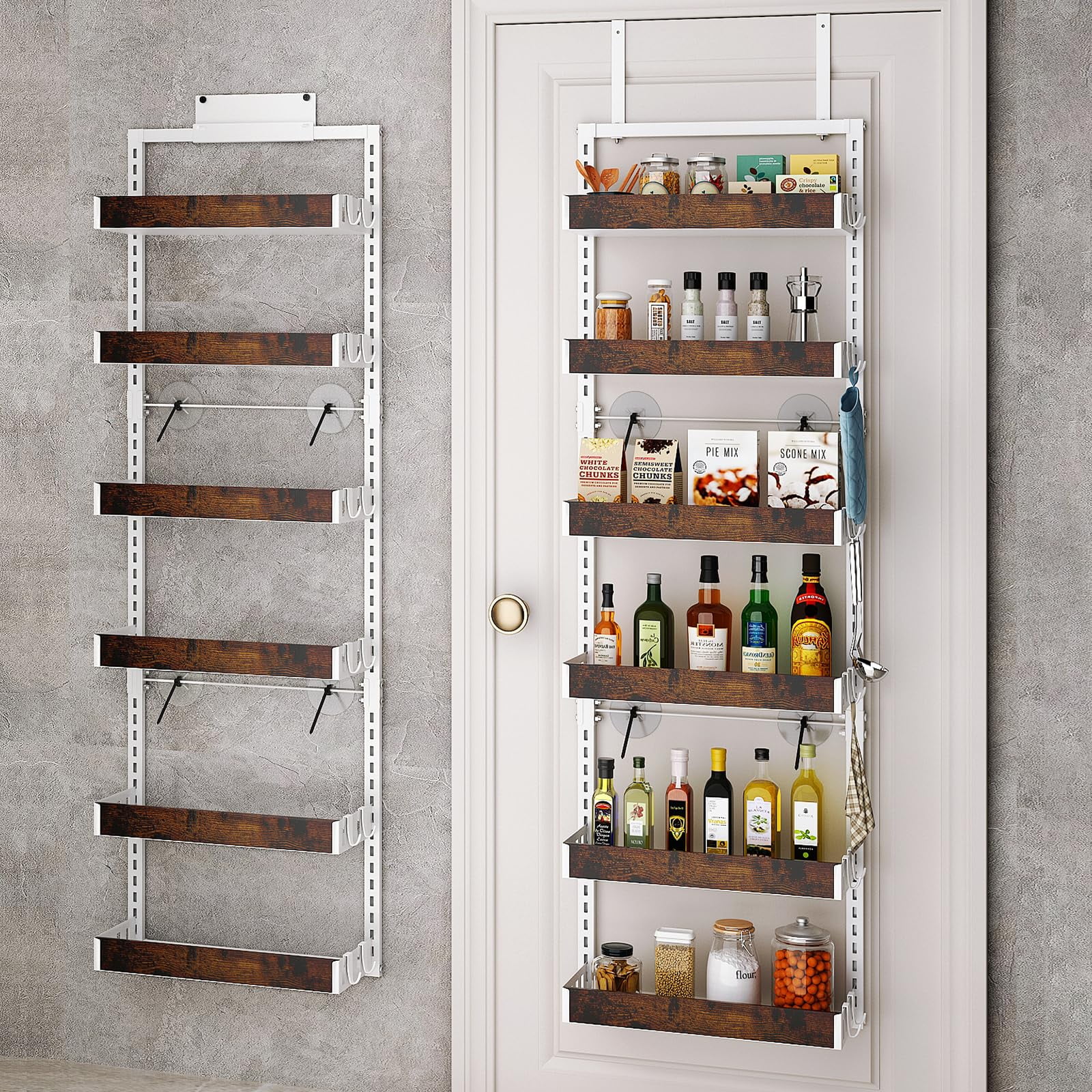 bukfen Over the Door Pantry Organizer, 6-Tier Adjustable Wooden Basket Kitchen Pantry Door ...