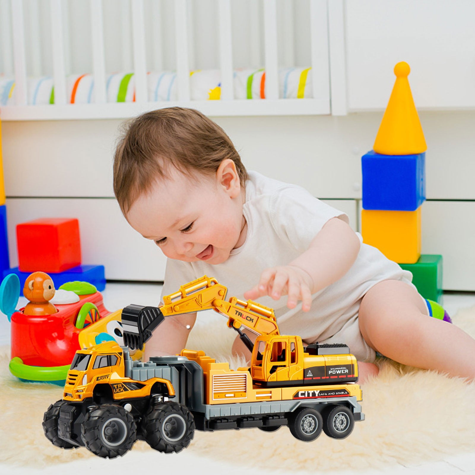 bxhwj Alloy Engineering Vehicle Toy, 4-Wheel Excavator with Rotating ...