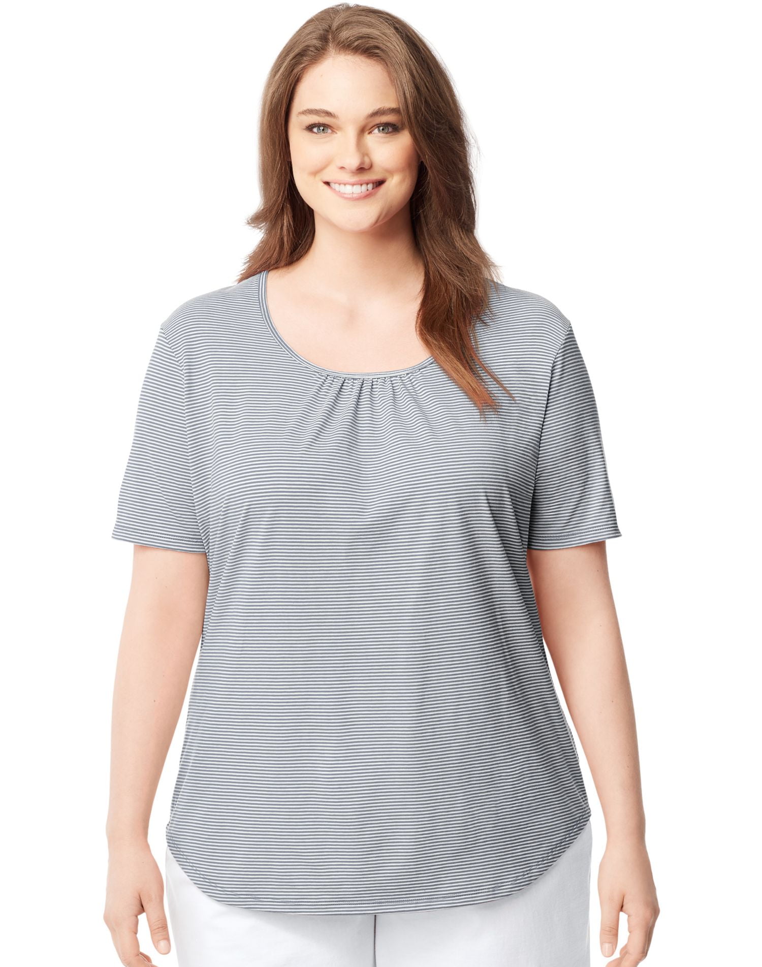 by Hanes Women's Plus-Size Short-Sleeve Striped & Shirred Scoop-Neck ...