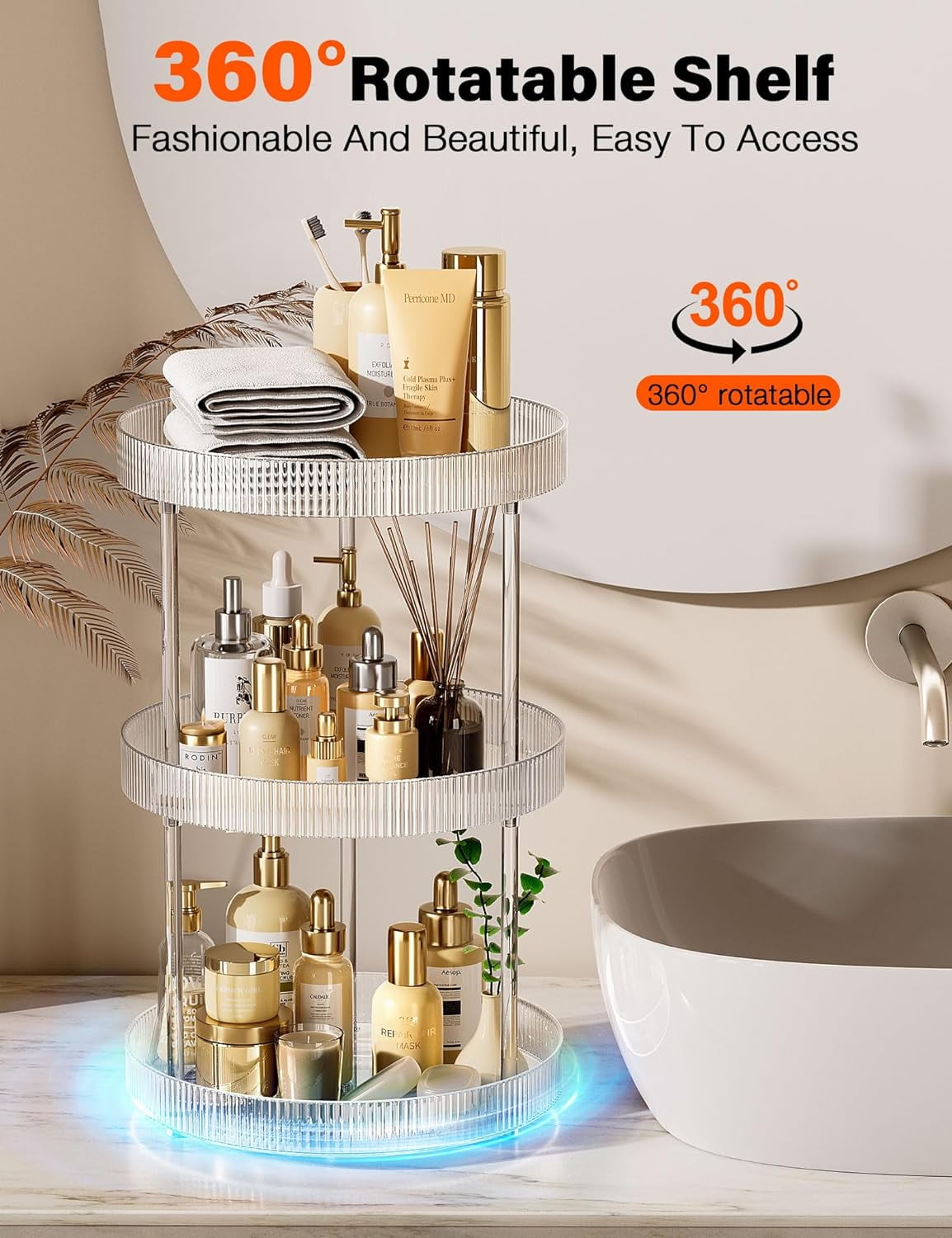 bydhkfxy 360° Clear Rotating Storage Tray 3 Tier Lazy Susan Bathroom ...