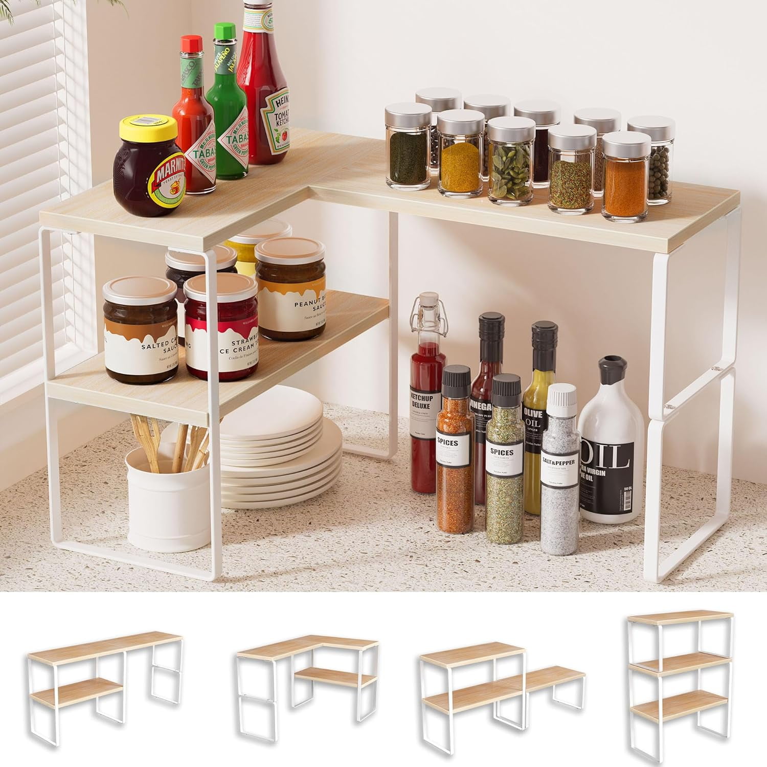 byfn Adjustable Spice Rack Shelf 2-Tier Stackable Kitchen Counter ...