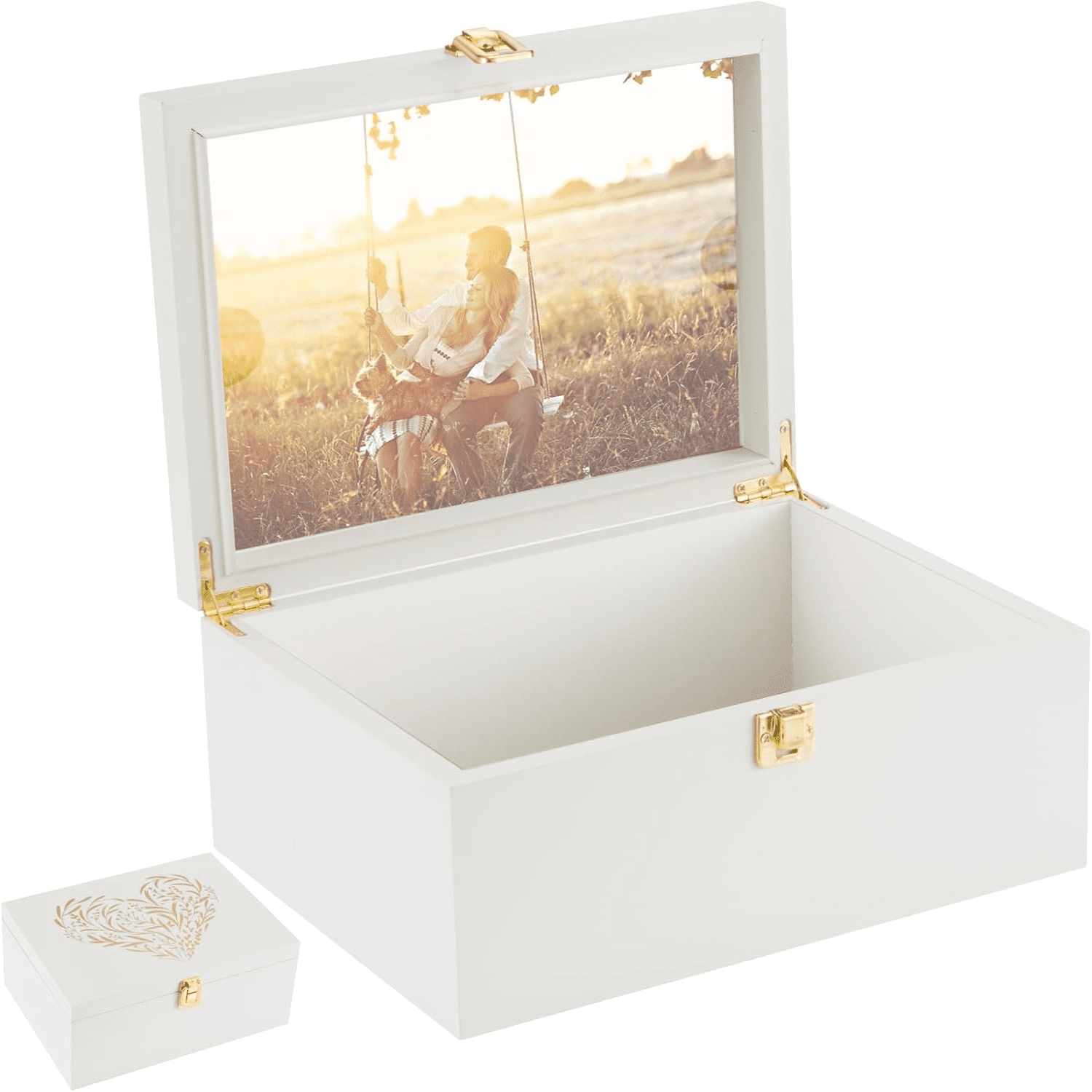 byfn Larger Wooden Memory Keepsake Boxes With Hinged Lids and a photo ...
