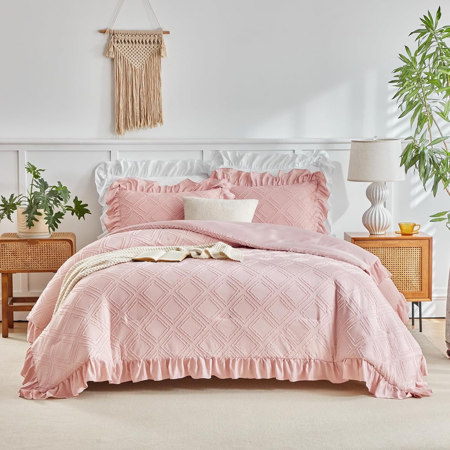 byfn Tufted Ruffle Comforter Set Twin Size 3 Pieces Blush Pink Ruffled ...