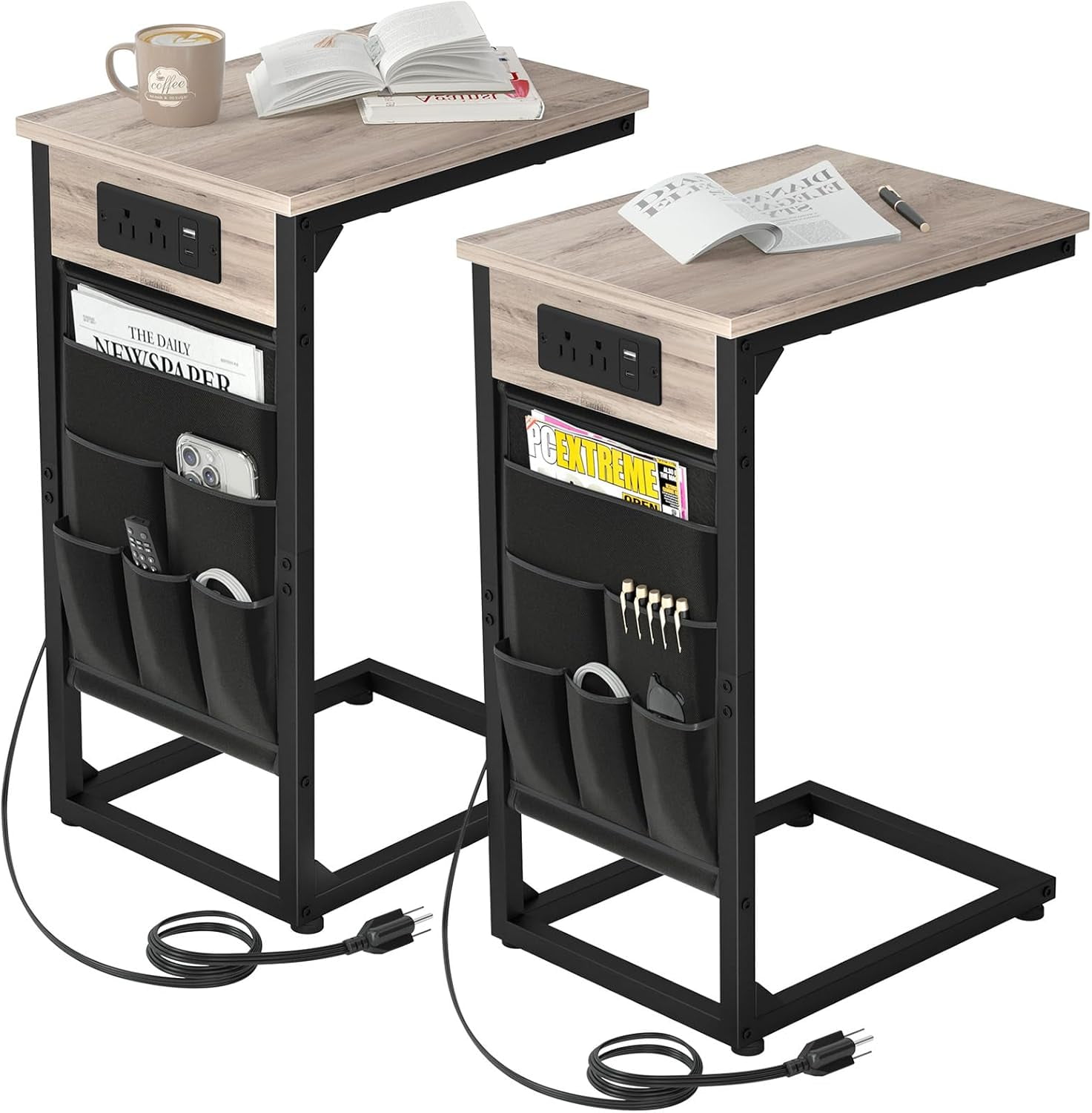 C Shaped End Table with Charging Station, TV Tray Set of 2, Couch Tables with Storage Bag, Slide ...