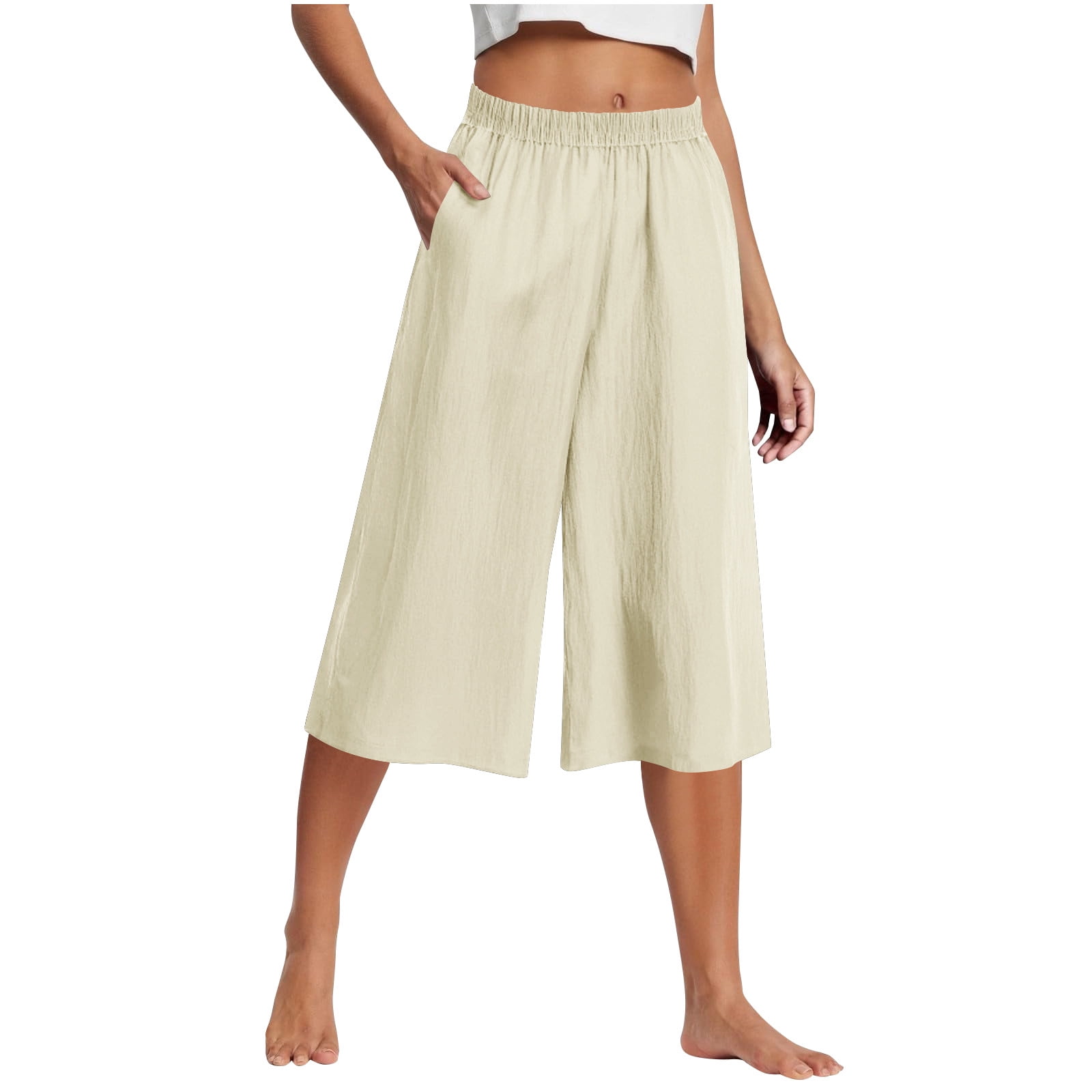 cFmduc Capri Linen Pants for Women Casual Wide Leg Flowy Capris Summer ...