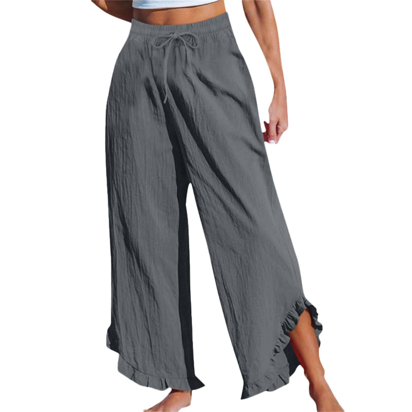 cFmduc Cropped Linen Pants for Women Wide Leg Summer Elastic Waist ...