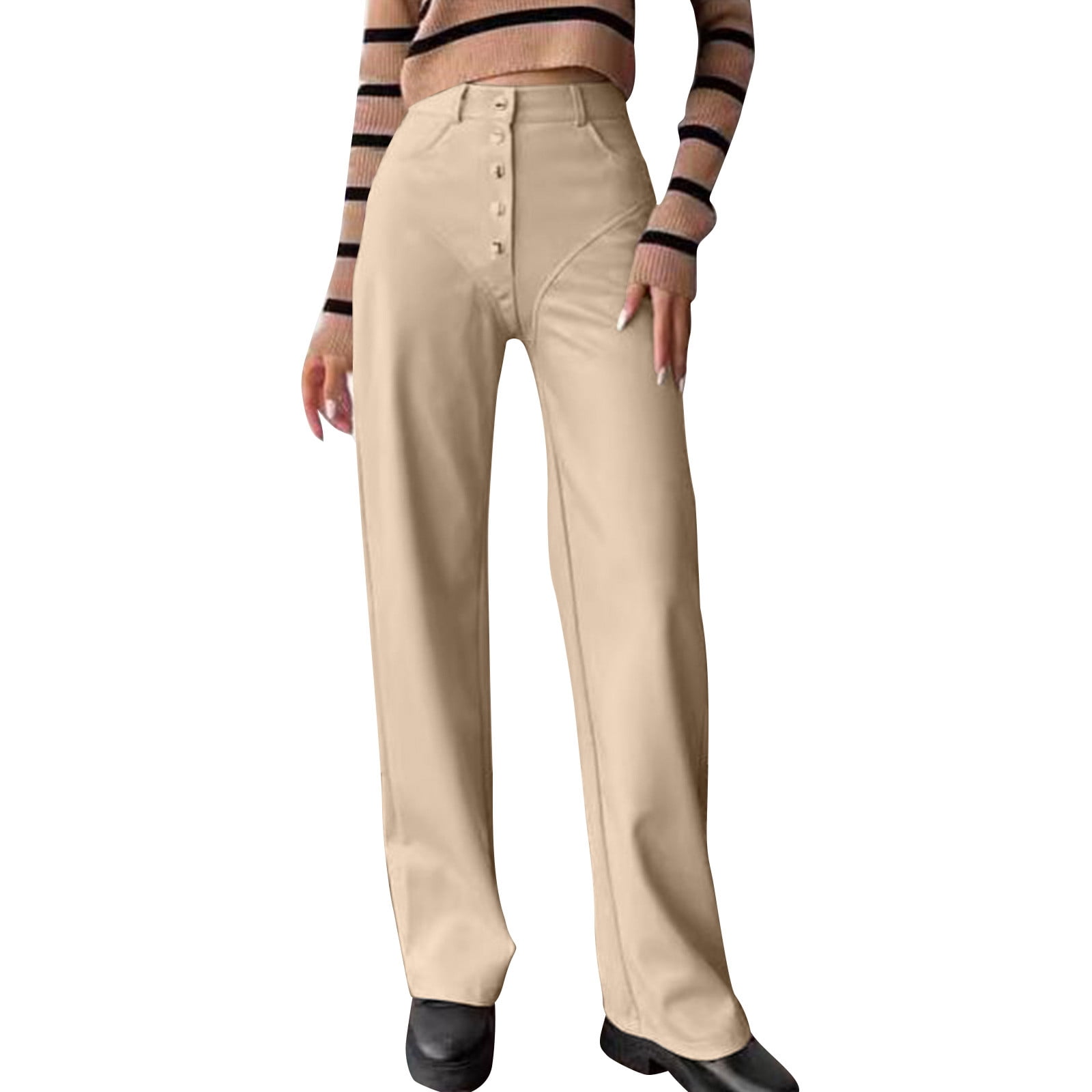 cFmduc Women Faux Leather Pants Wide Leg PU Splicing Buttons High Waist ...