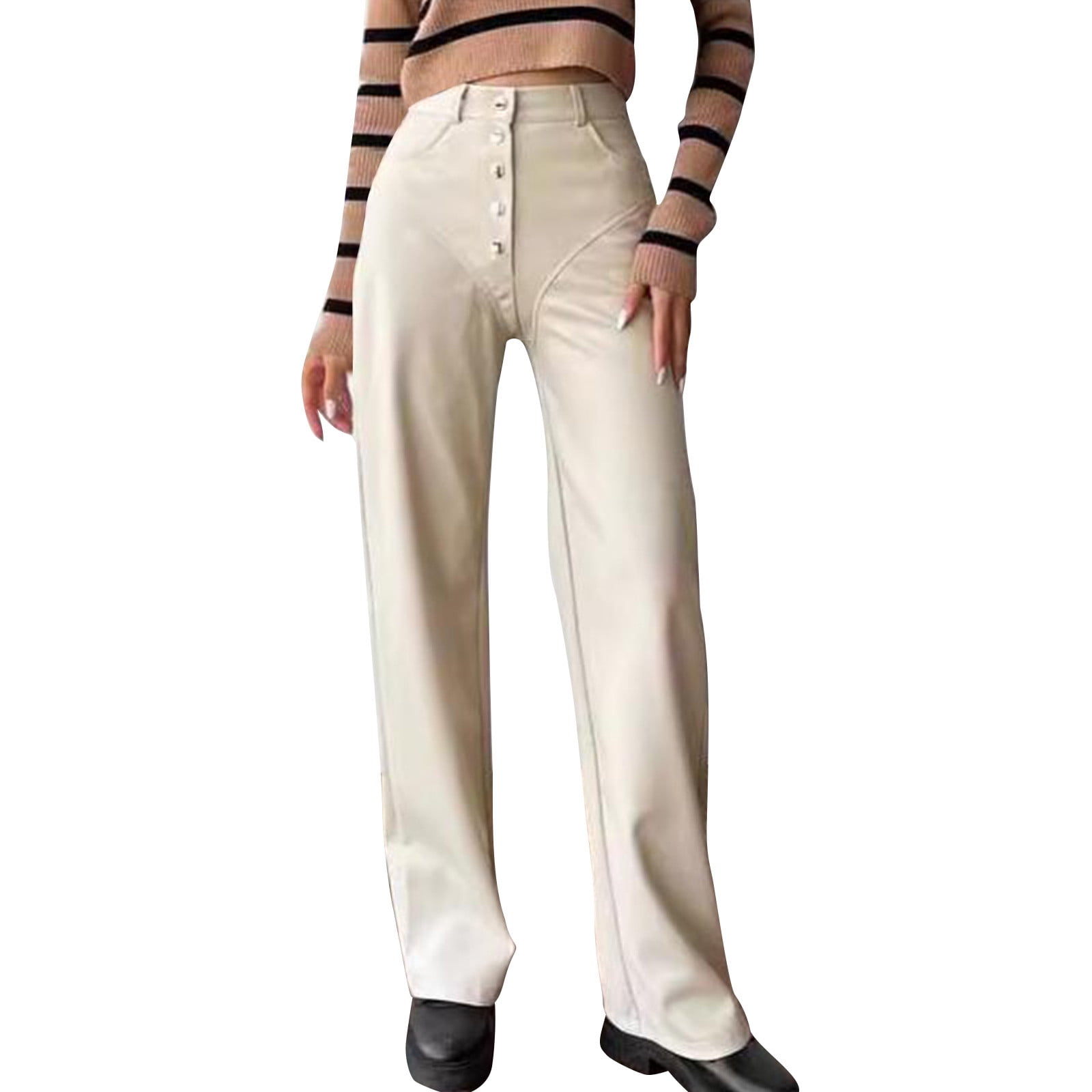 cFmduc Women Faux Leather Pants Wide Leg PU Splicing Buttons High Waist ...