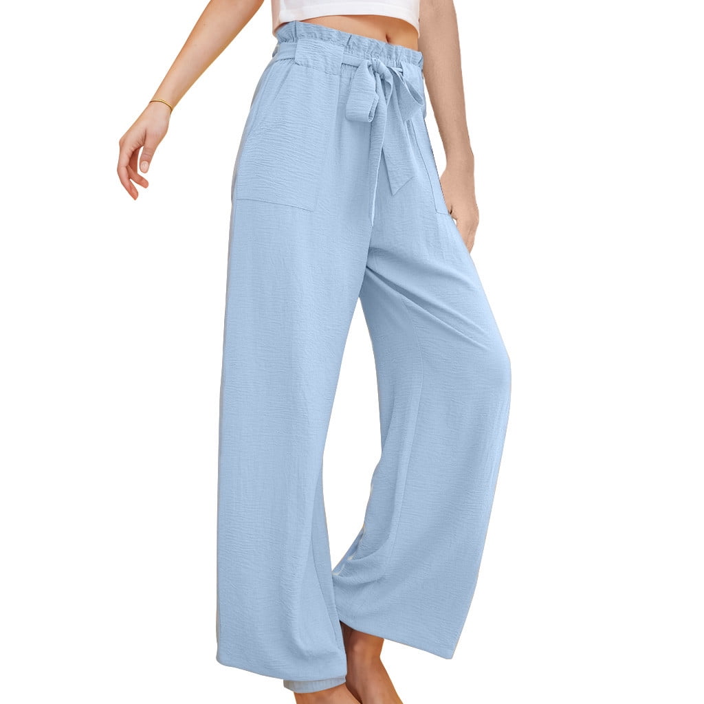 cFmduc Women Wide Leg Pants Elastic High Waist Adjustable Tie Knot ...