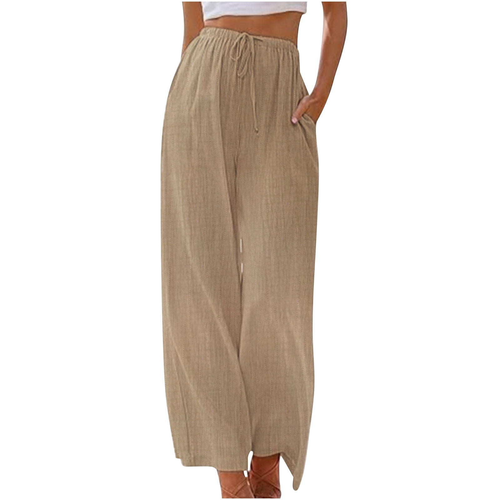 cFmduc Women's Linen Palazzo Pants Casual Drawstring Elastic High Waist ...