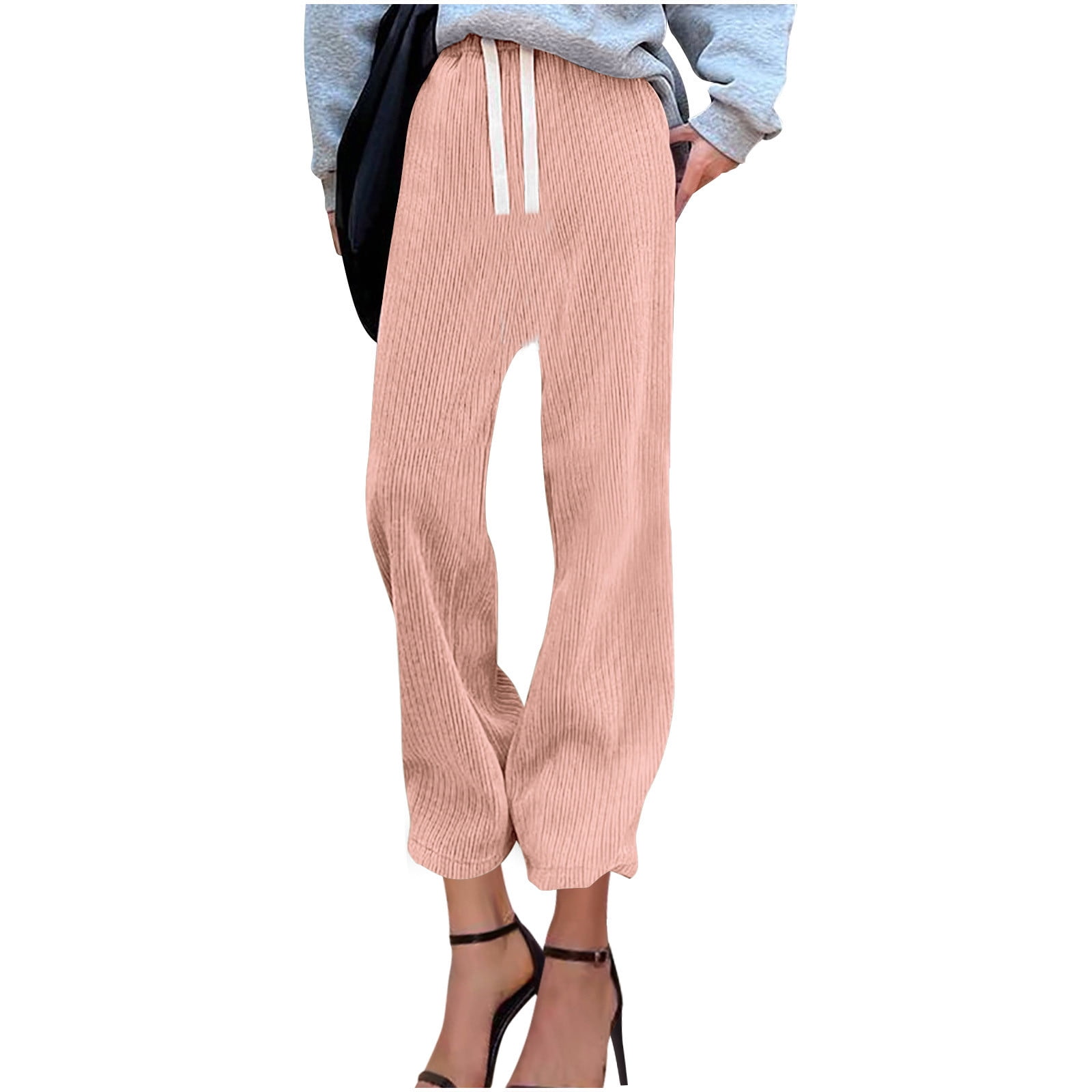 cFmduc Women's Texture Wide Leg Pants Drawstring Elastic High Waist ...
