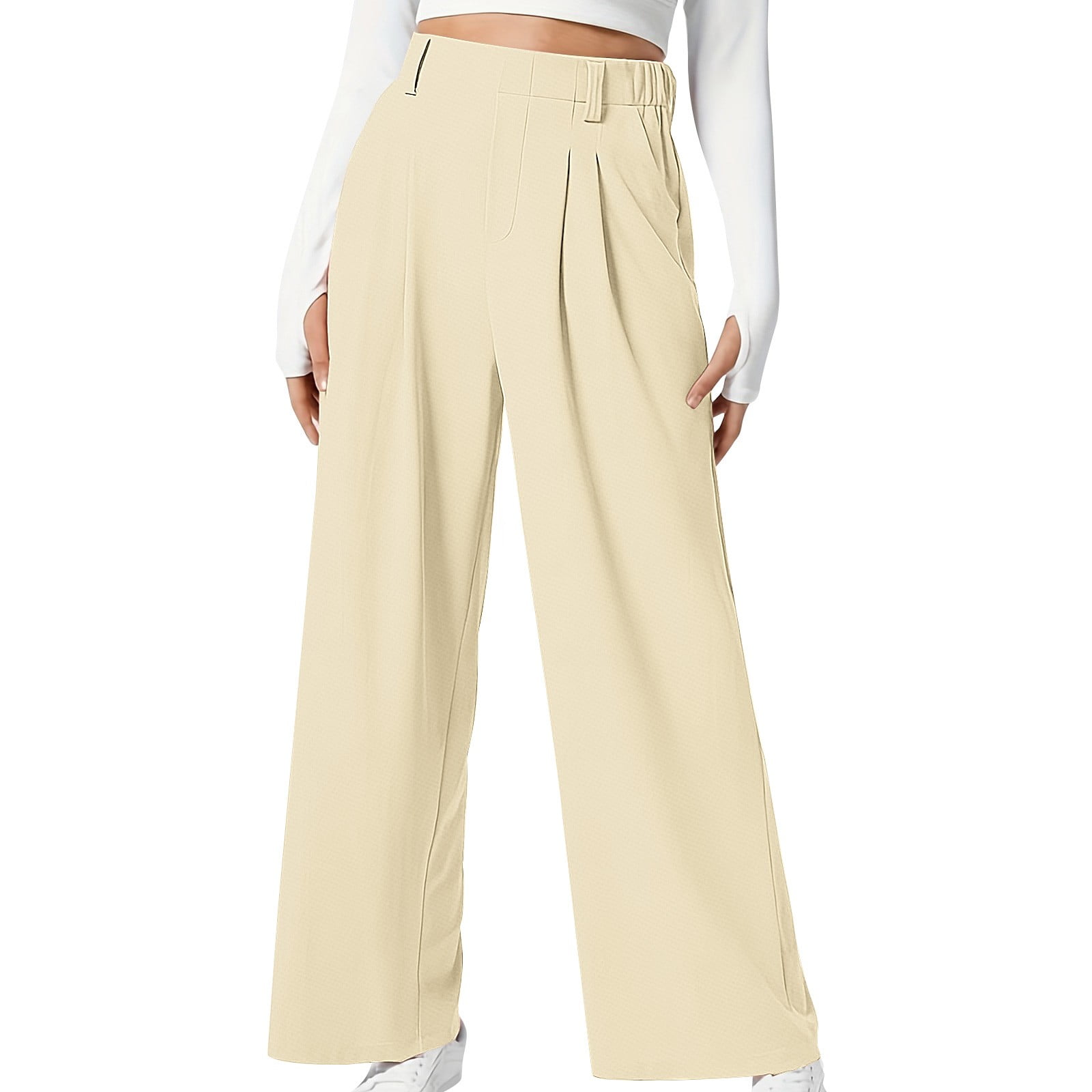 cFmduc Womens Wide Leg Dress Pants Elastic High Waist Pleated Suit ...