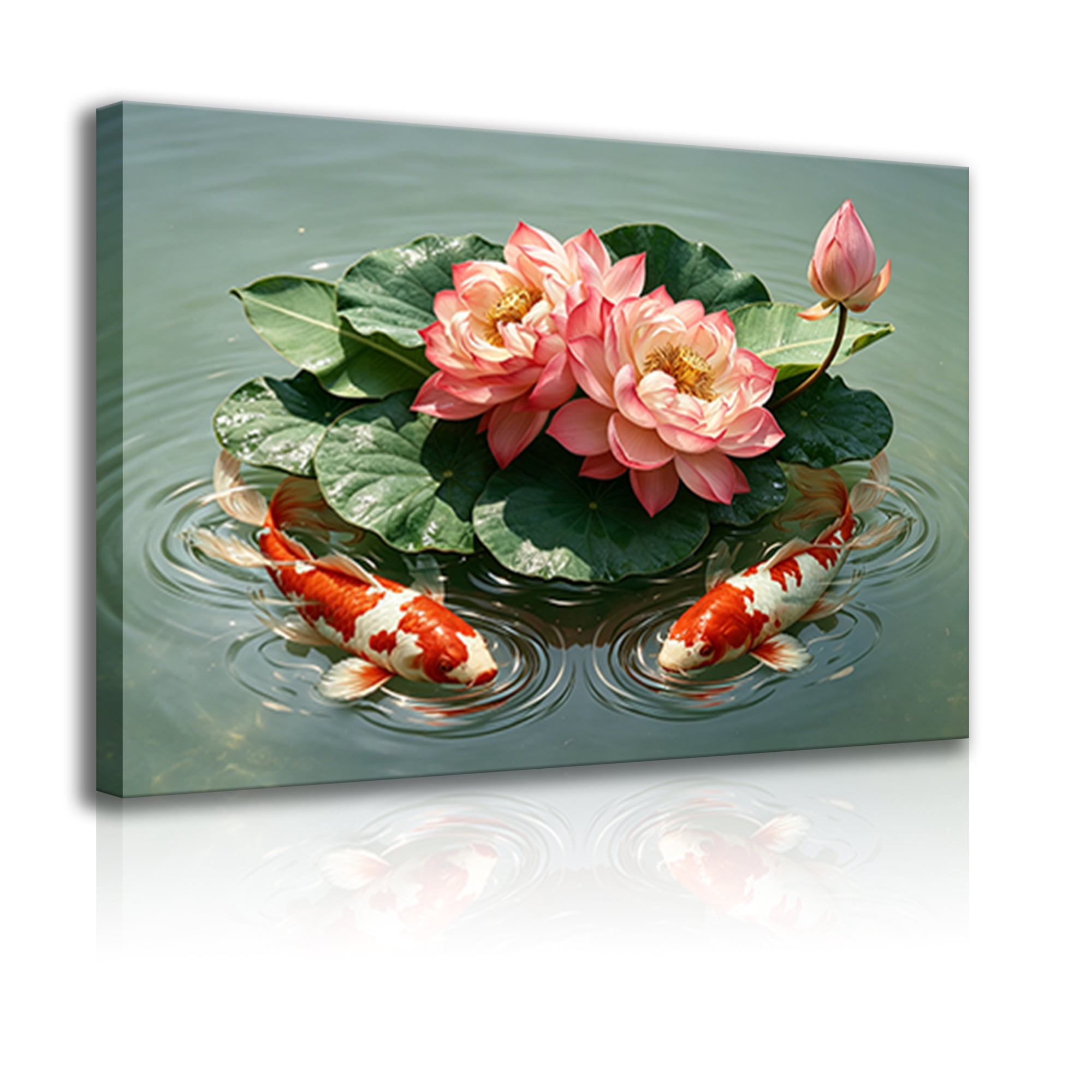 A canvas wall mural framed with koi and lotus flowers, featuring ...