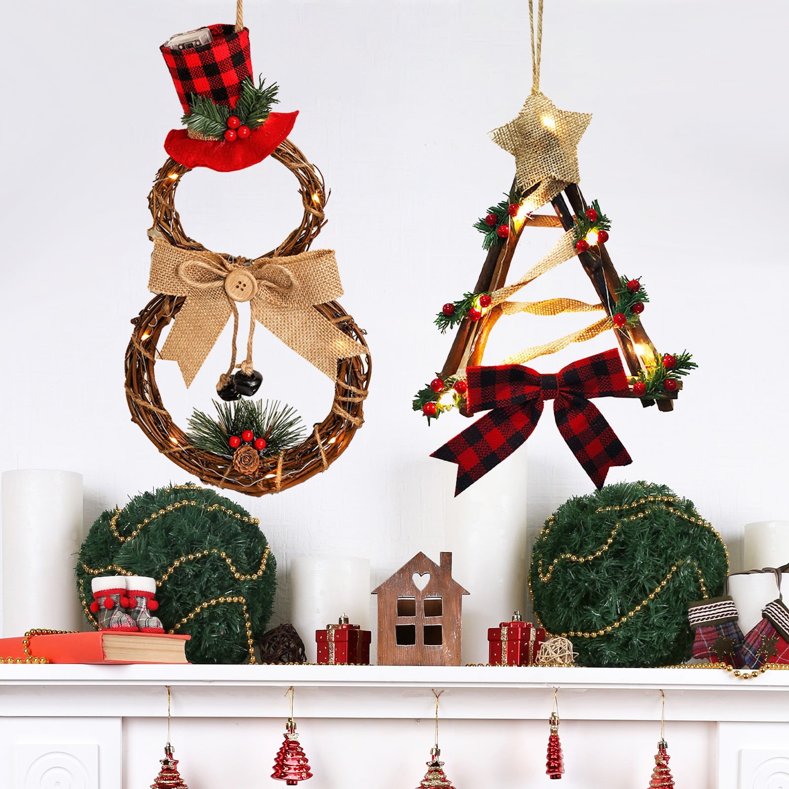 capino Christmas Snowman Wreath Decoration Xmas Snowman Rattan Hanging Ornament with LED Light ...