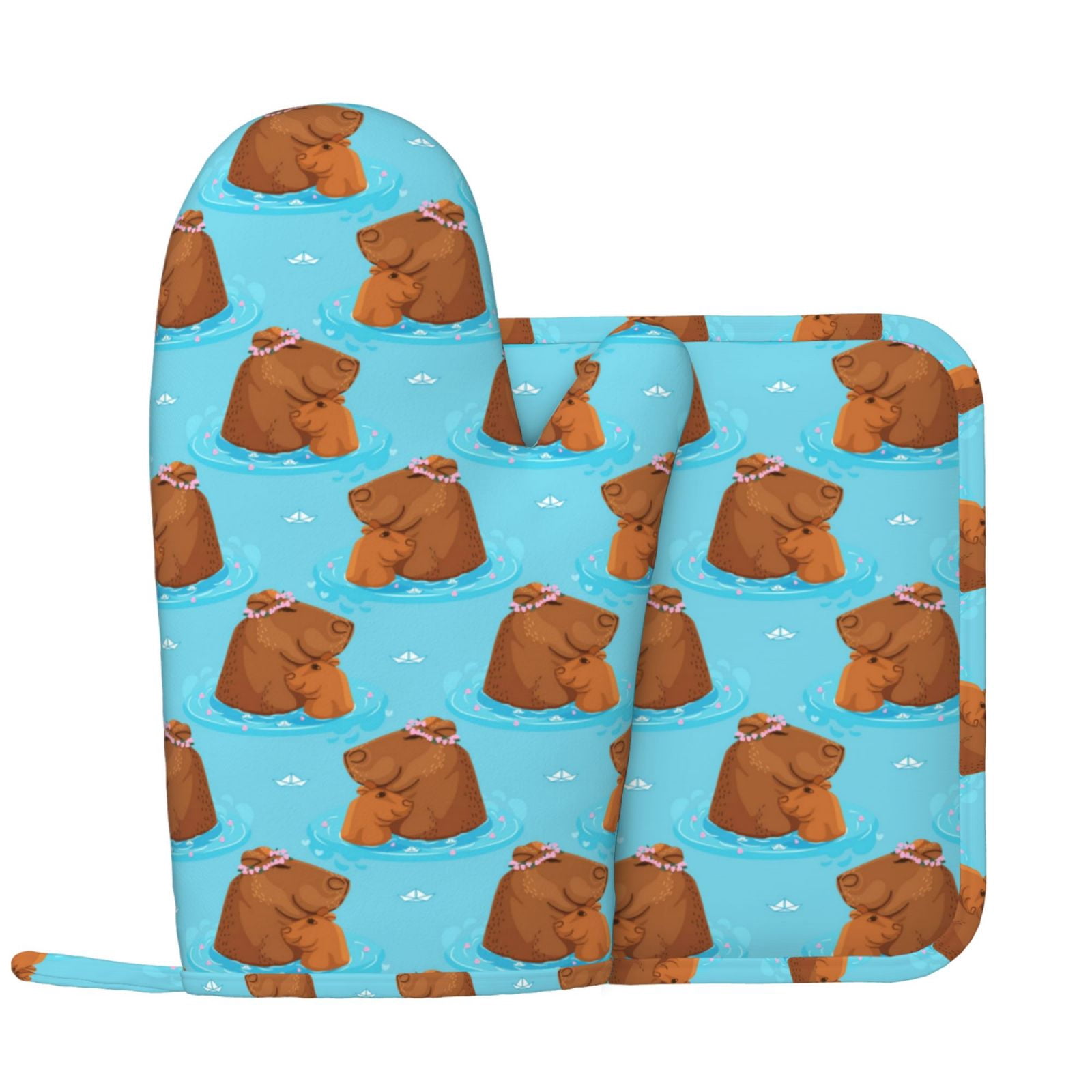 capybara family bathing cute blue Oven Mitts and Pot Holders Sets, Heat ...