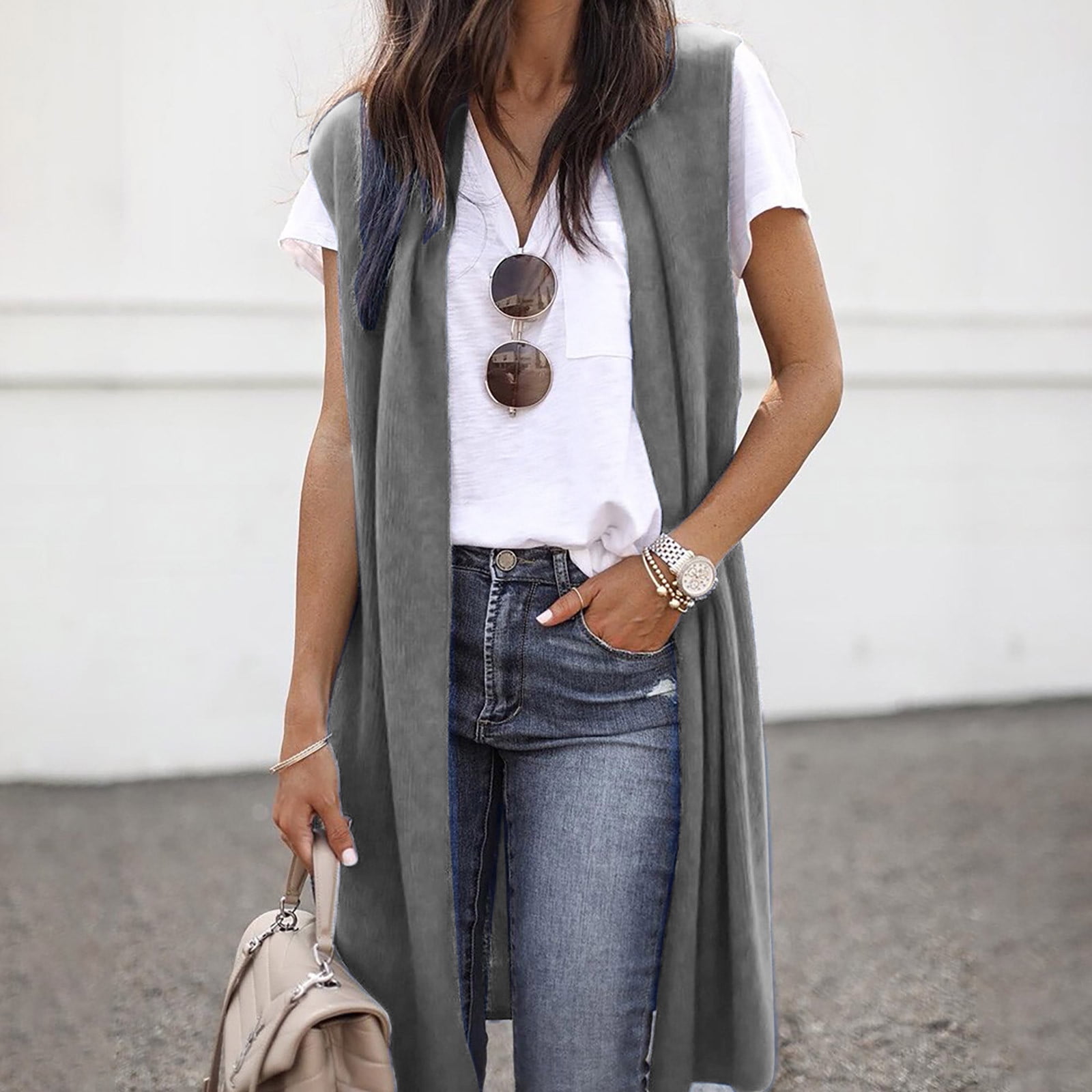 cardigans for women trendy,Gray Open Front Maxi Long Knitted Sleeveless ...
