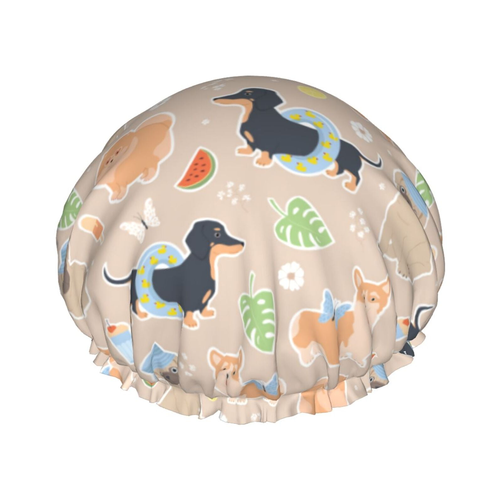 cartoon Dog Puppy leaf Shower Cap for Women, Double Waterproof Layers ...