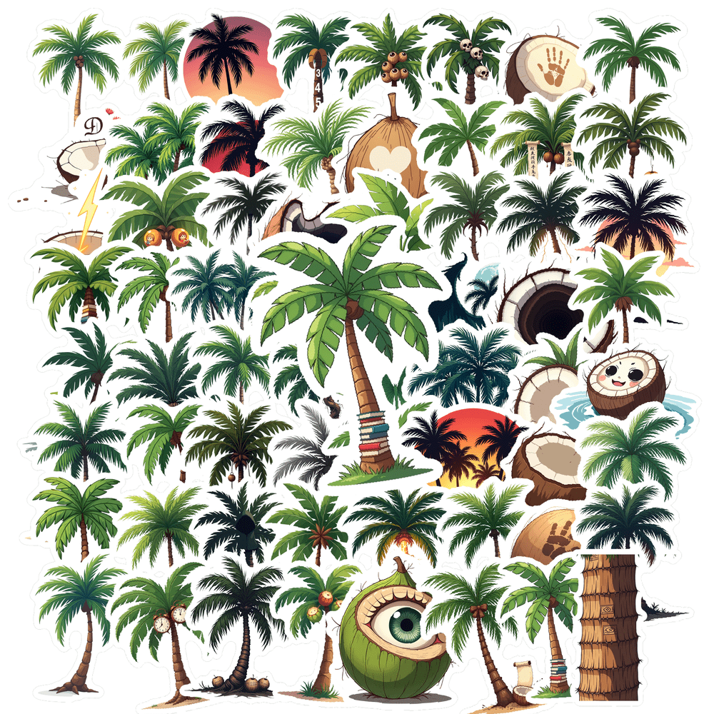 cartoon Palm Tree Coconut Stickers, Waterproof Palm Tree Coconut ...