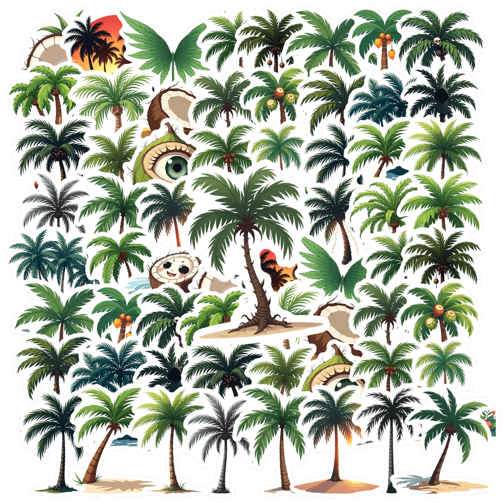 cartoon Palm Tree Coconut Stickers, Waterproof Palm Tree Coconut ...