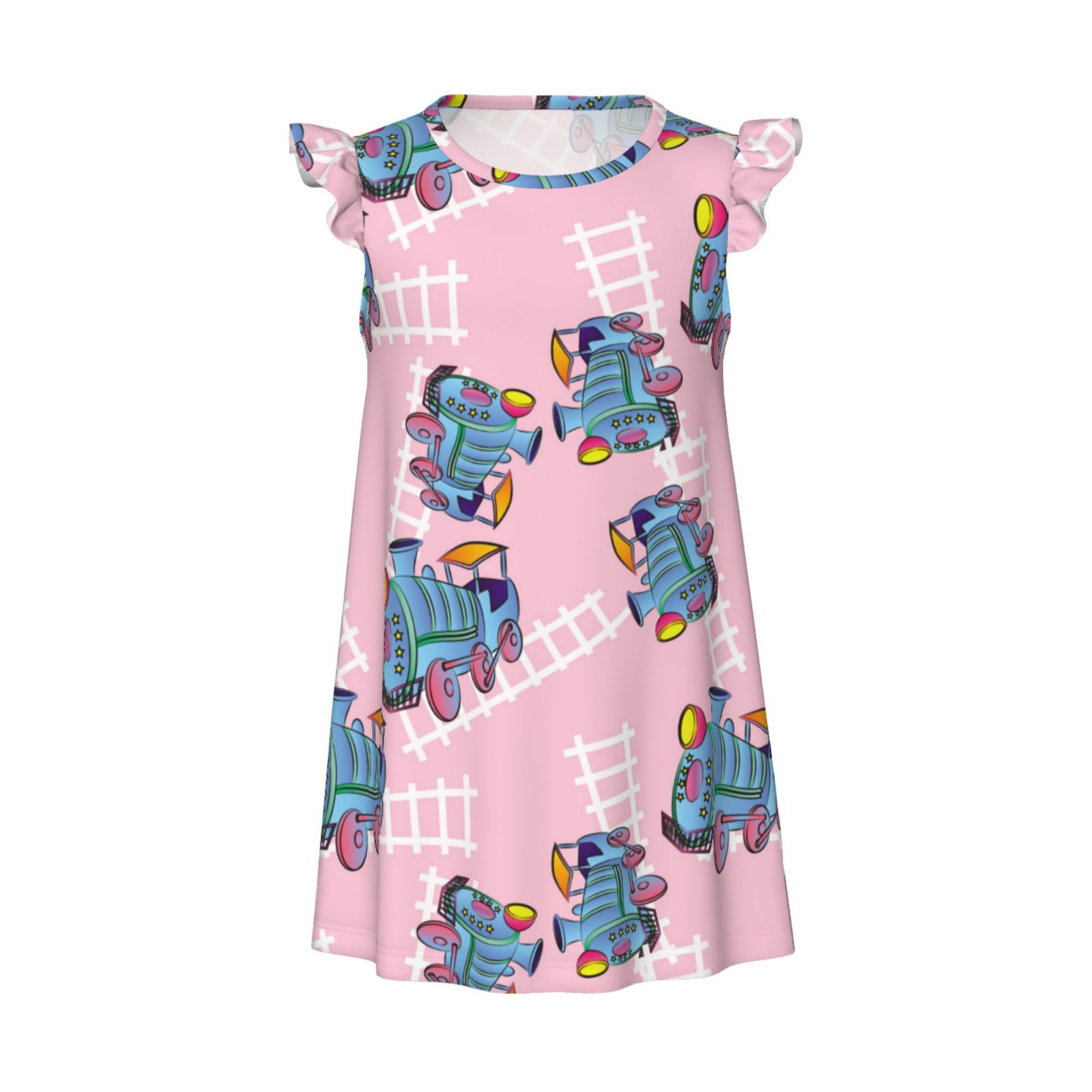 cartoon Trains Pattern Girls Nightgown, Flutter Short Sleeves Night ...
