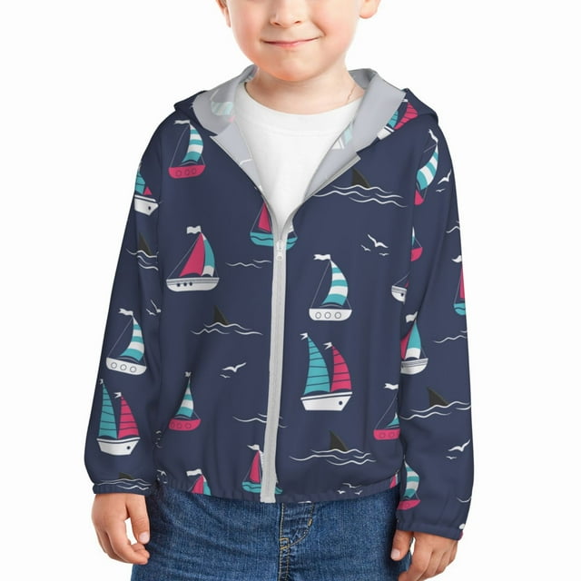 cartoon boat shark fins blue Sun Protection Clothing Zip Up Hoodie ...