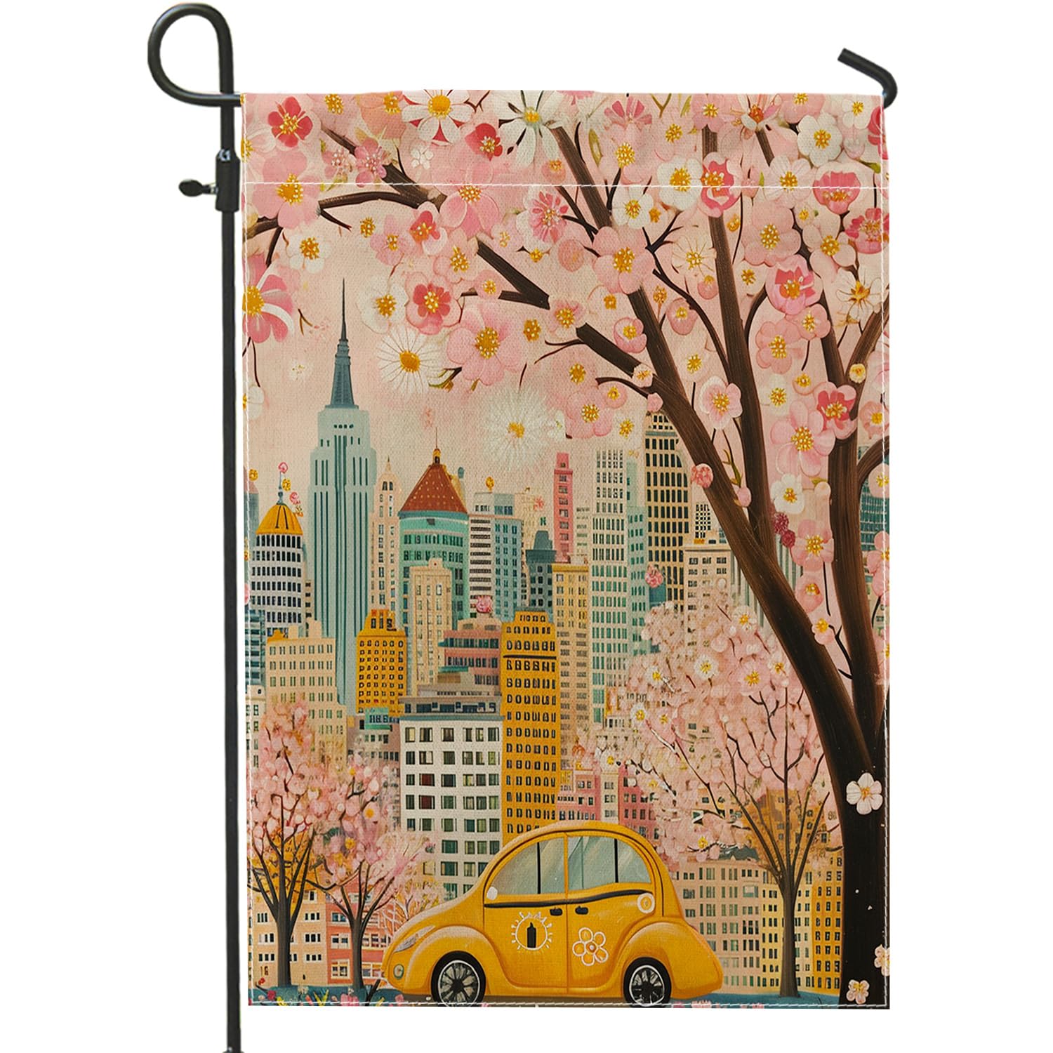 cartoon city garden flag cherry blooming car modern builds peach tree ...