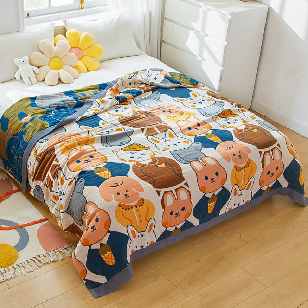 cartoon throw blanket cotton gauze summer cool quilt single double ...
