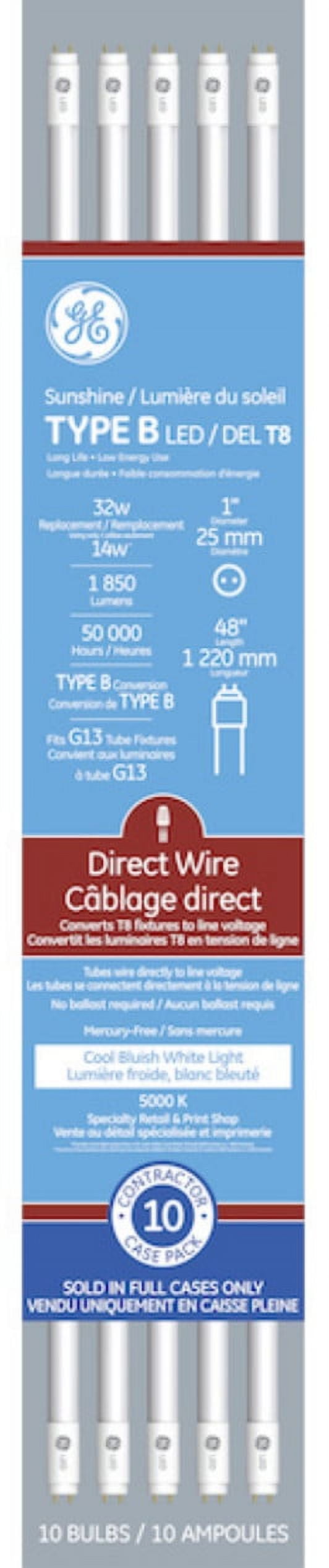 GE 93128865 T8 LED Tube Type B, 48 inch, 15W, 1800 Lumens, 5000K Cool ...