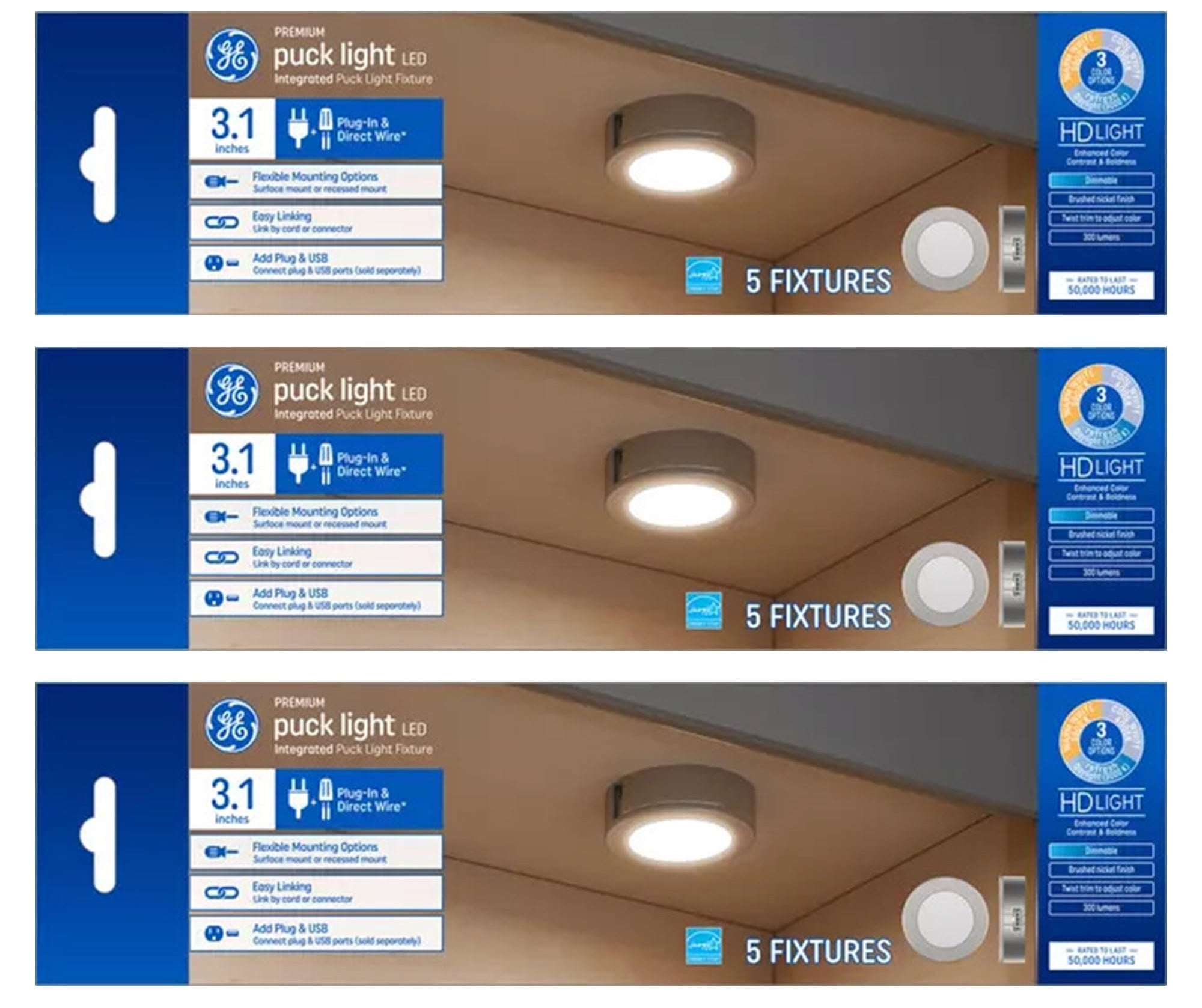 (case of 15 total pucks) GE 4 Watt Dimmable Modern Easy Linking Corded ...