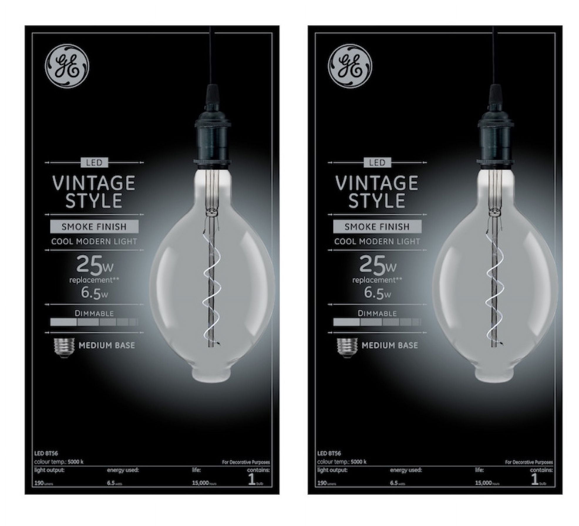 (case of 2) GE Large Vintage LED BT56 light bulb, Smoke Finish, Spiral ...