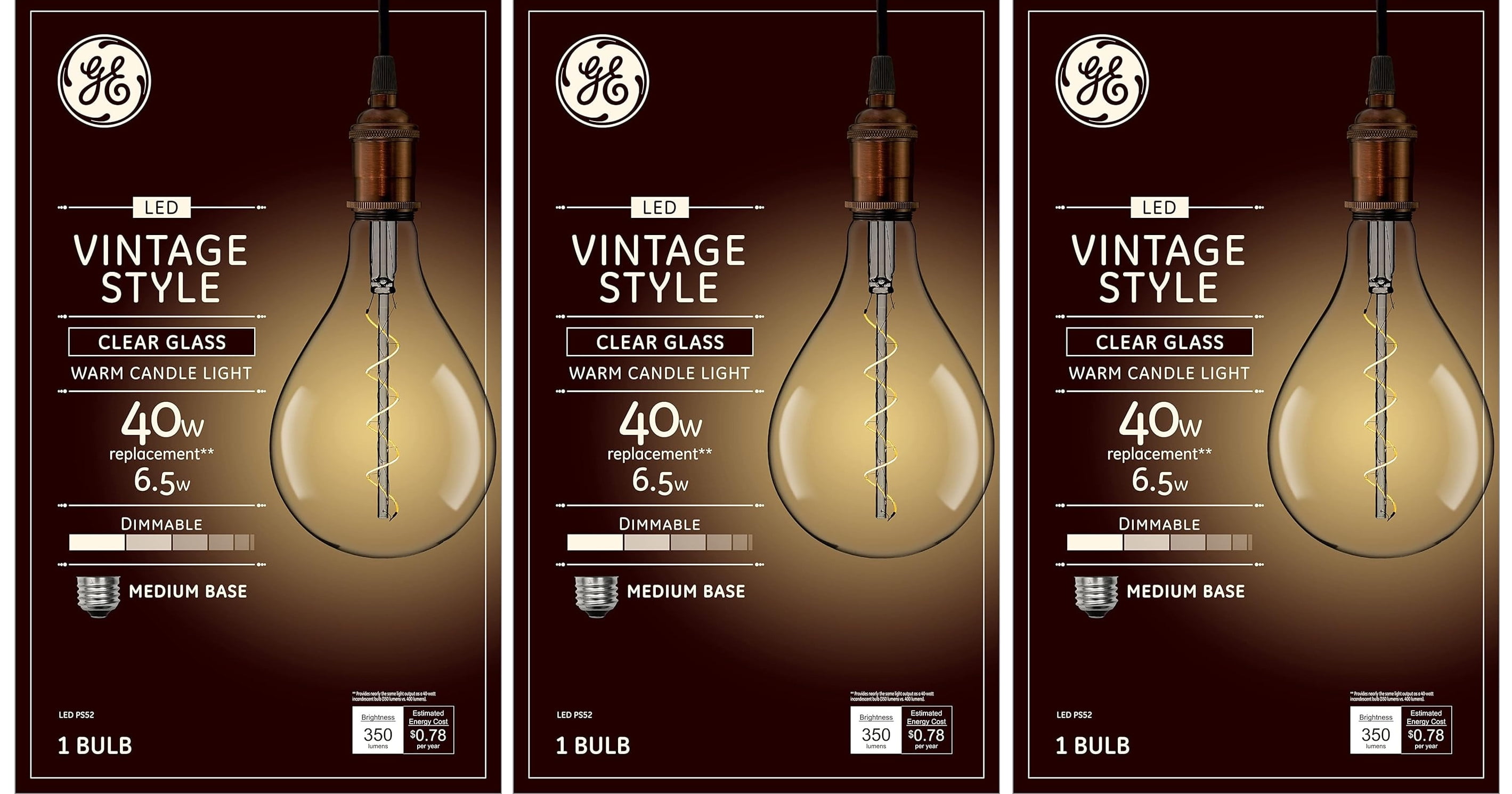 (case of 3) GE Large Vintage Warm Candle Light LED PS52, 6.5 watt, 350 ...