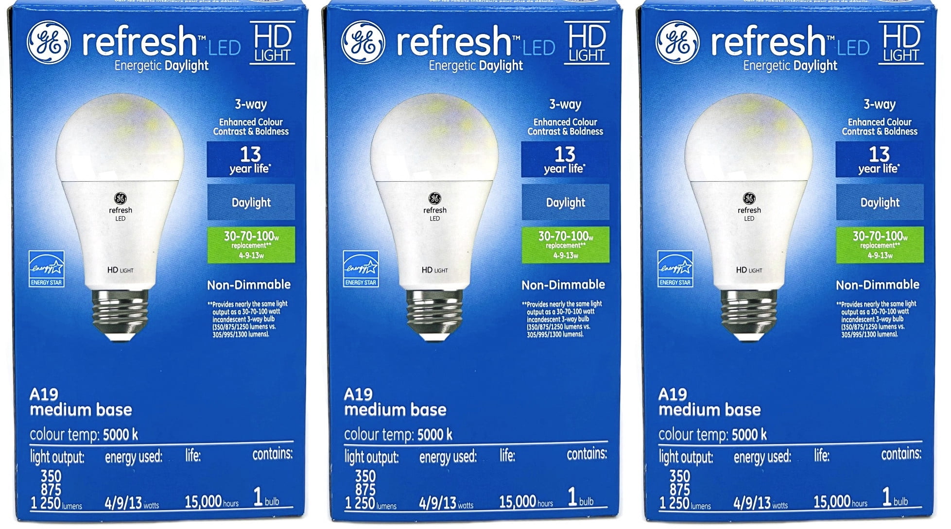 (case of 3) GE refresh LED 3-way Light Bulb, A19 shape, 4, 9, 13 watt emitting 350, 875 and 1250 ...