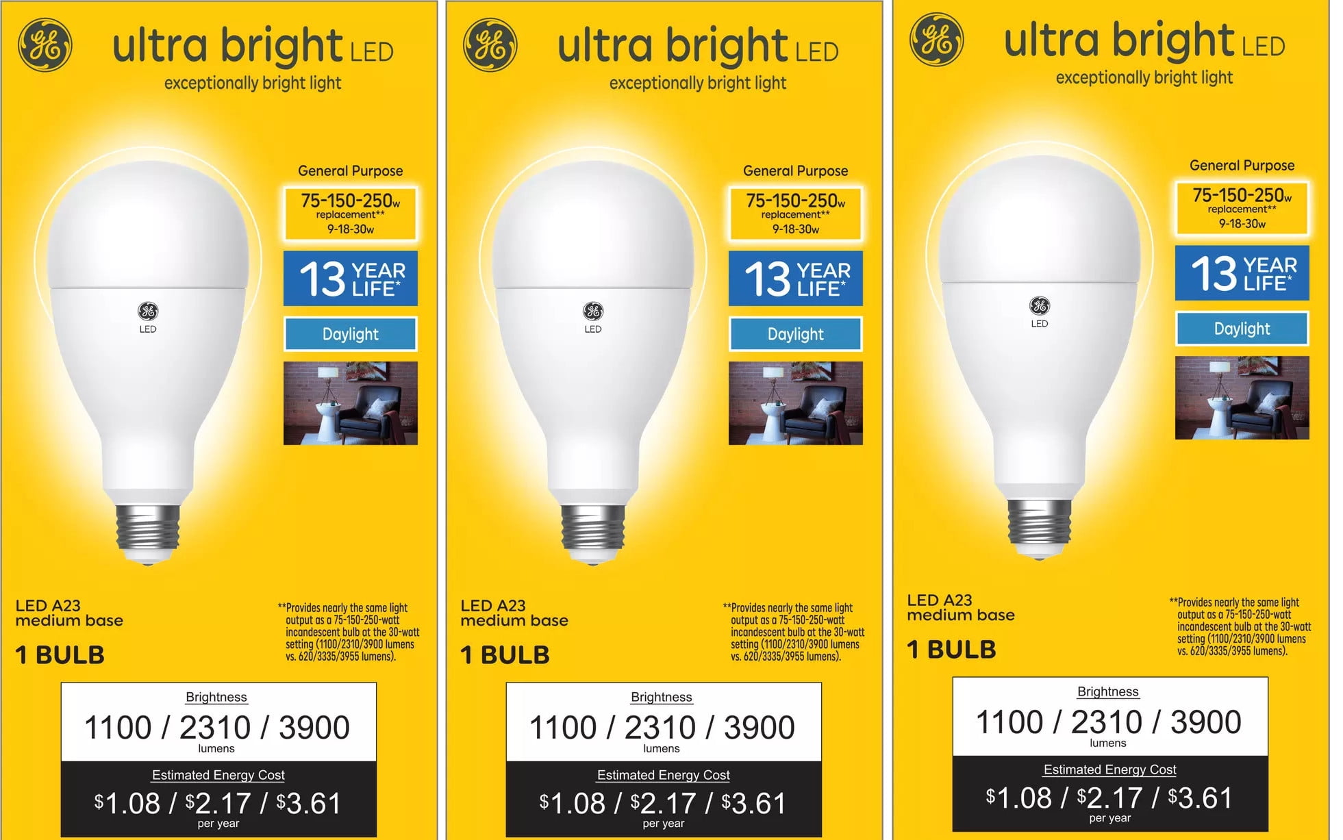 (case of 3) Plump GE ultra bright LED 3-way light bulb, 75/150/250 watt ...