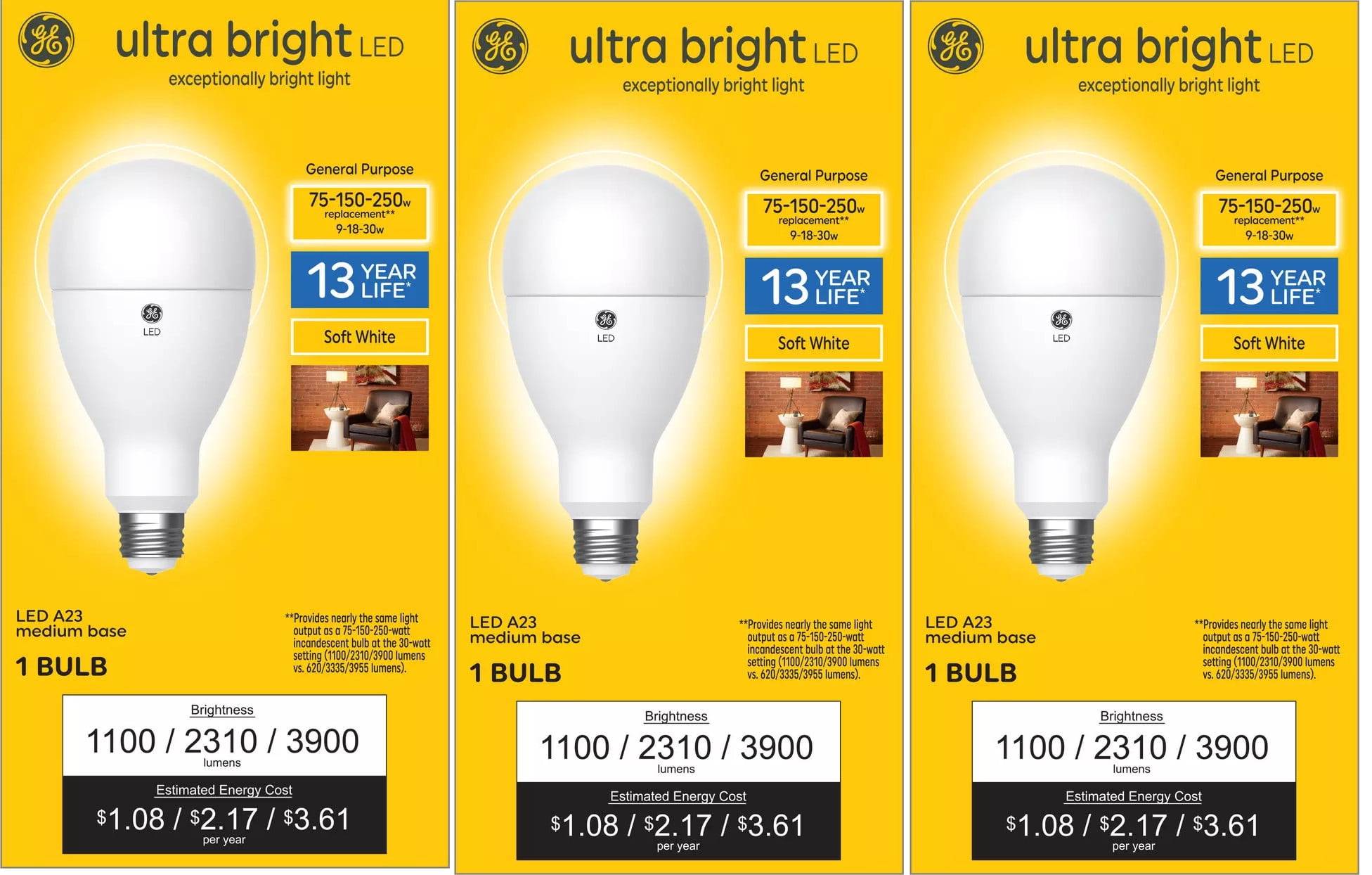 (case of 3 bulbs) Plump GE ultra bright LED 3-way light bulb, 75/150 ...