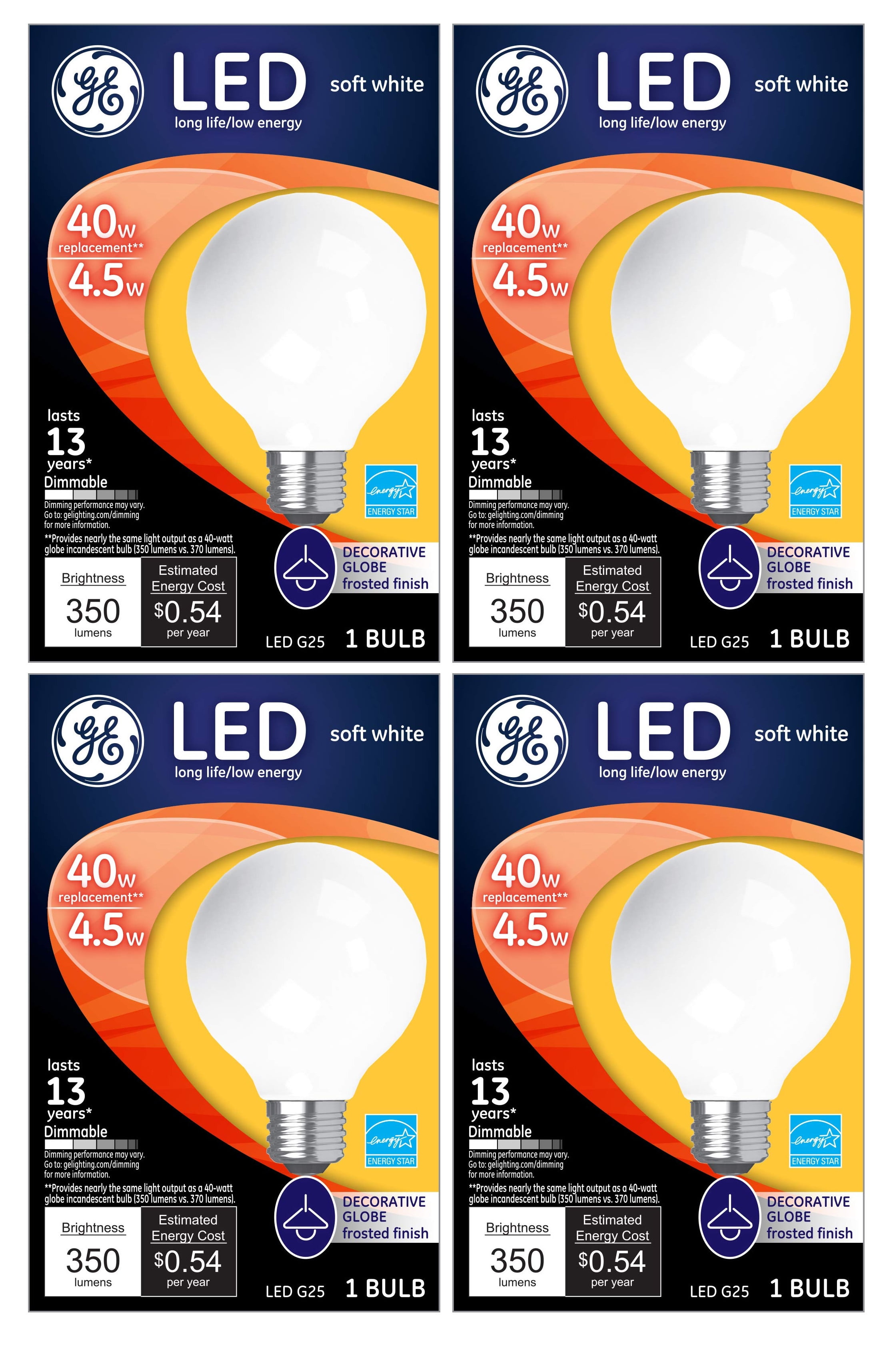 (case of 4) GE Lighting 25048 LED G25 Light Bulb, Decorative Globe, 4.5 ...