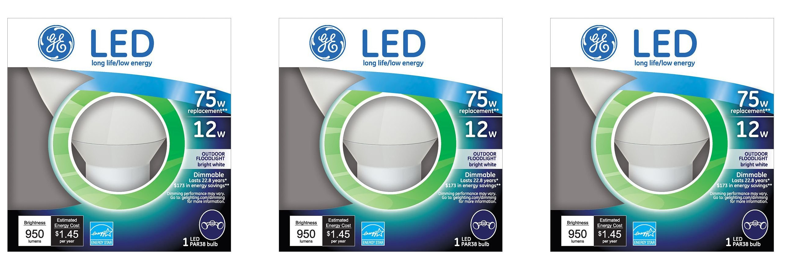 (case of 3) GE LED PAR38 Outdoor Floodlight, 12 watt - Replaces 75 Watt Light Bulb 1 Pack, 950 ...