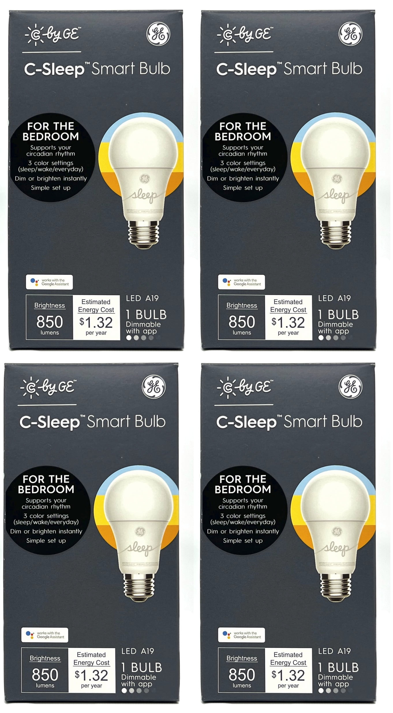 (case of 4) GE LED A19 Smart Bulb, C by GE, Sleep Smart Bulb, 3 color ...