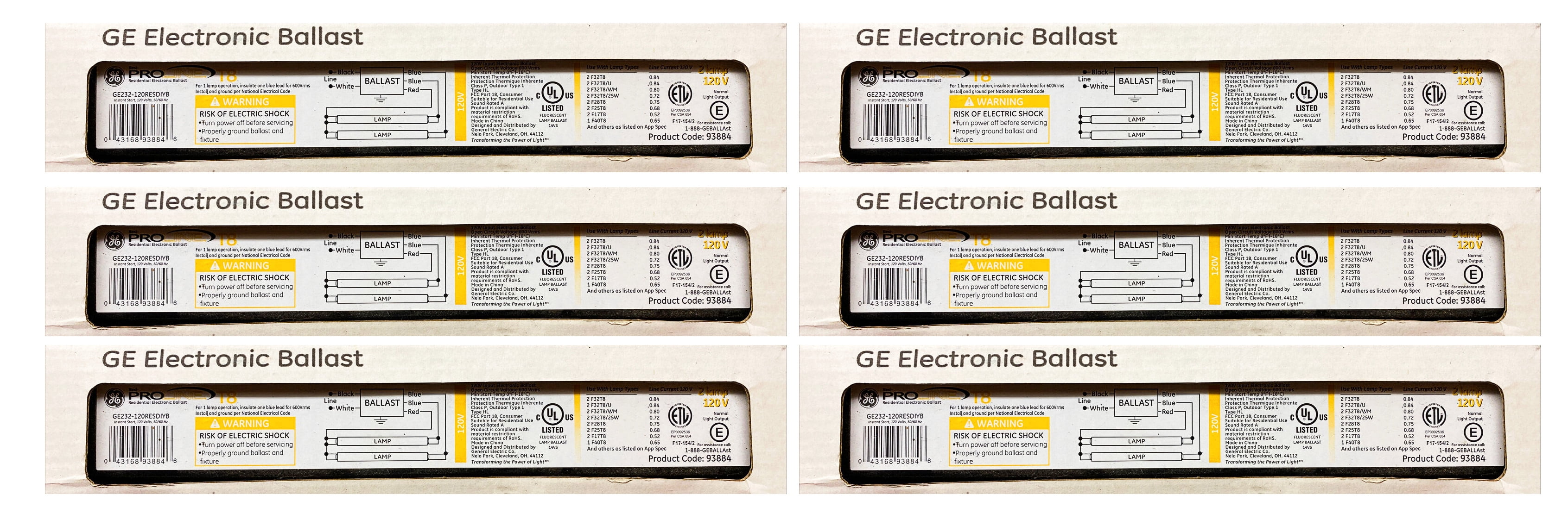(case of 6) GE 93884 Proline Electronic Ballast GE232-120RESDIYB for T8 ...