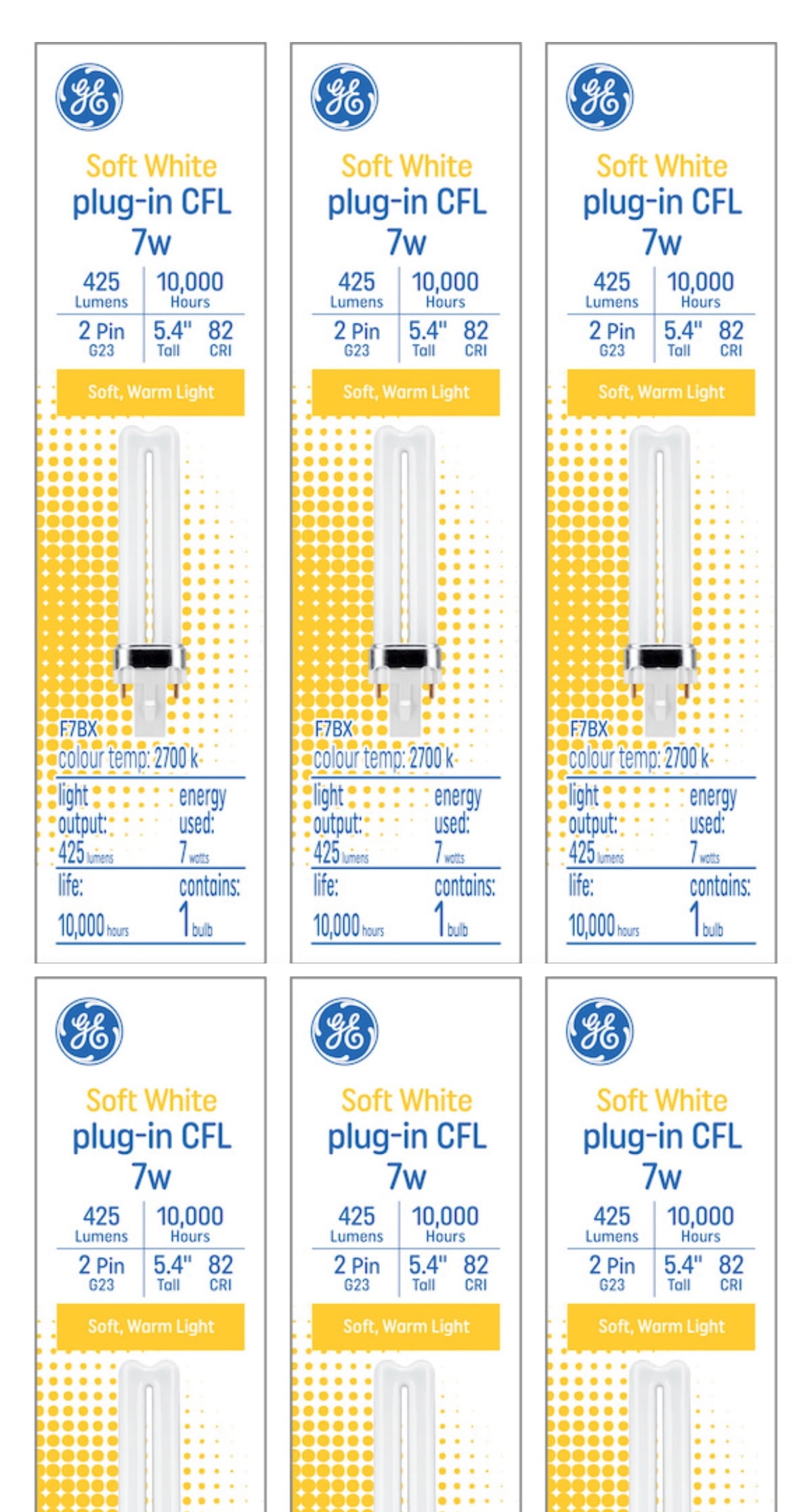 (case of 6) GE Soft White 7 watt Plug-in CFL G23 Base, 5.4-inch F7BX ...