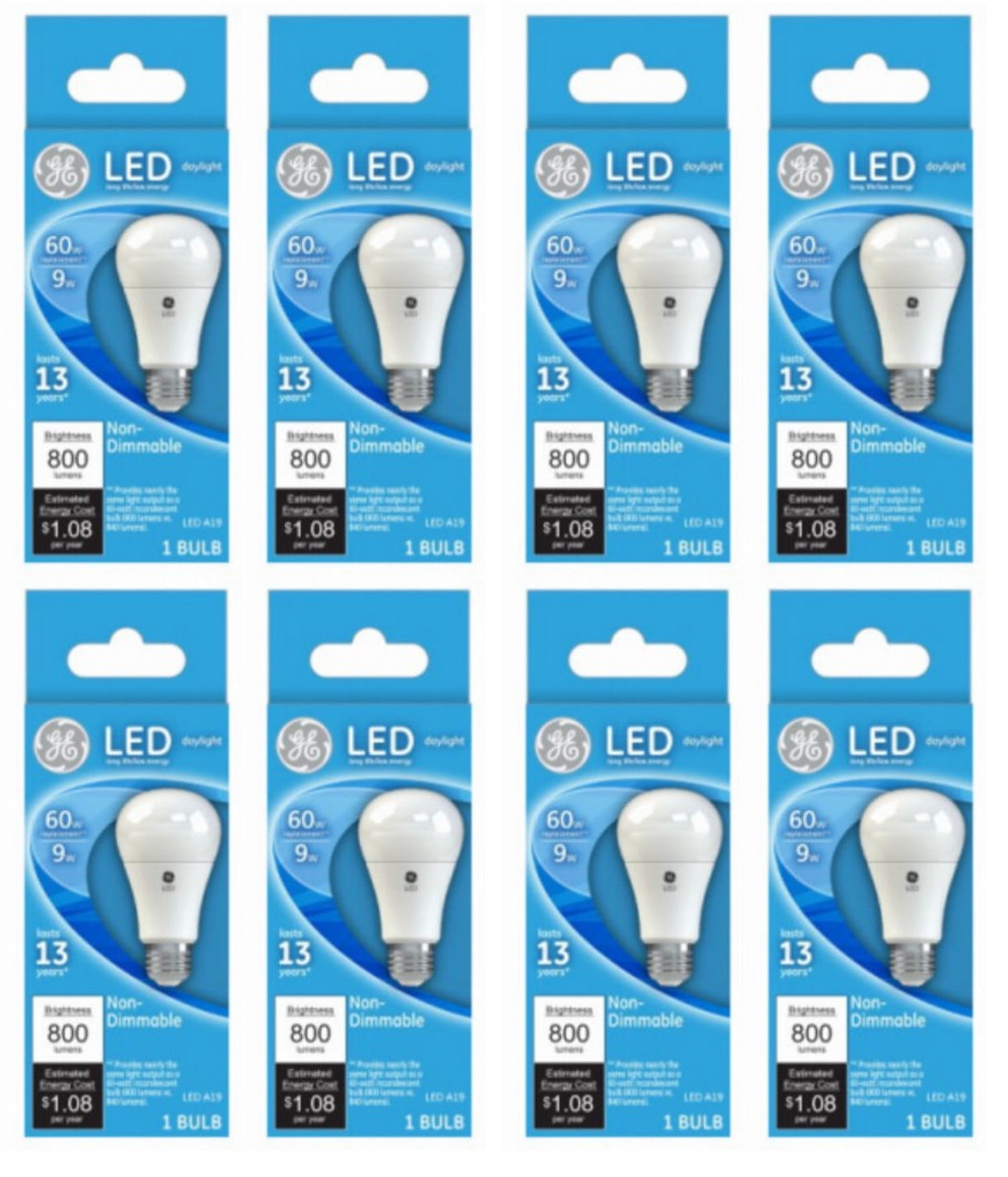 (case of 8) GE Lighting 61966 LED A19 Bulb, 9 watts, 800 lumens, 5000K ...