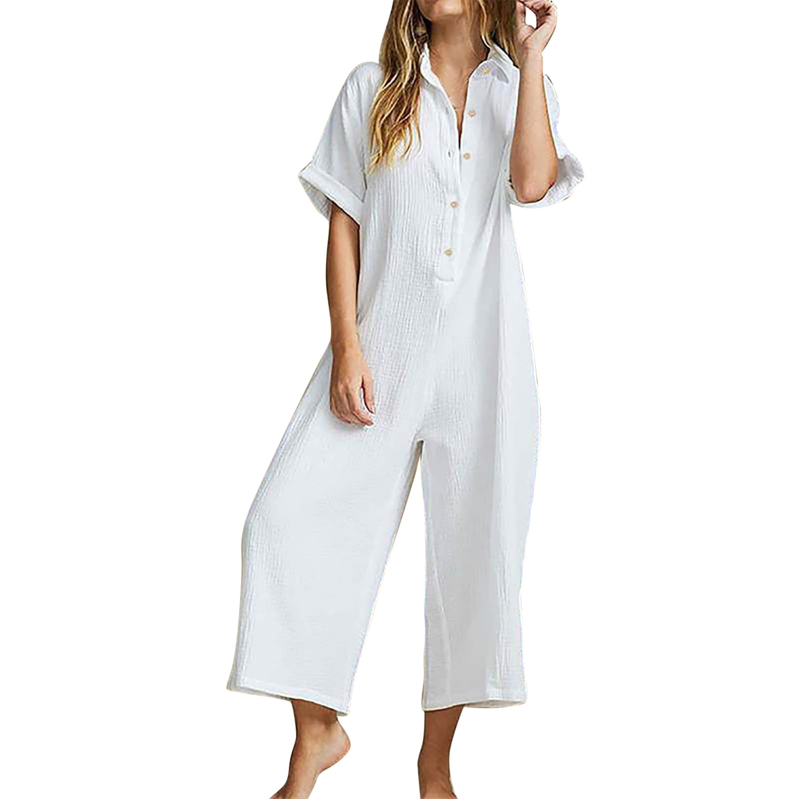 casual jumpsuits for women summer short sleeve button down pockets ...