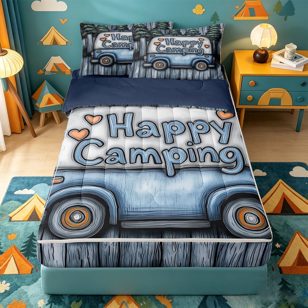 catabedysis Cartoon Camping Zipper Twin Comforter Sets with Fitted ...
