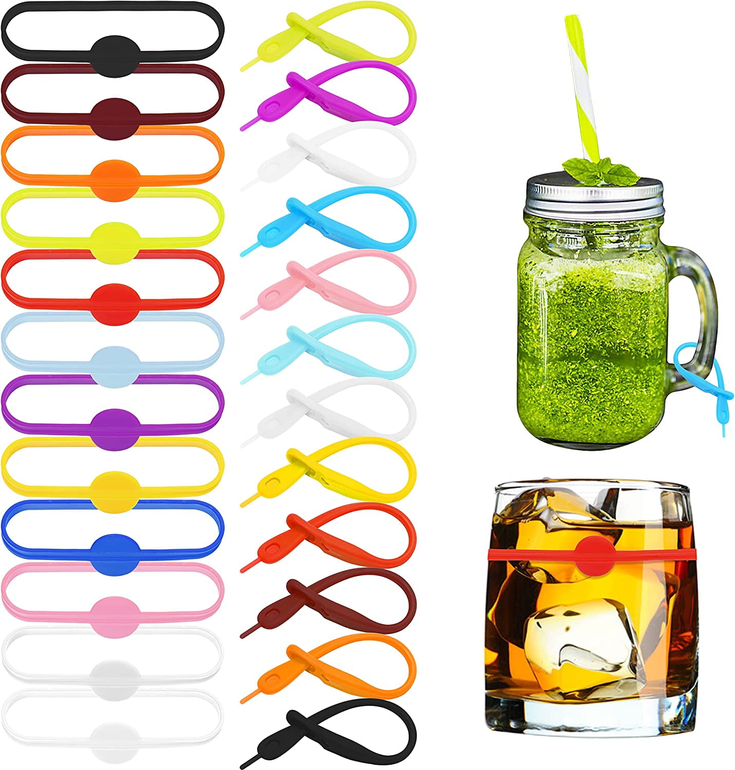 cauyuan 24Pcs Silicone Drink Marker Bands Bottle Strip Tag for Bar ...