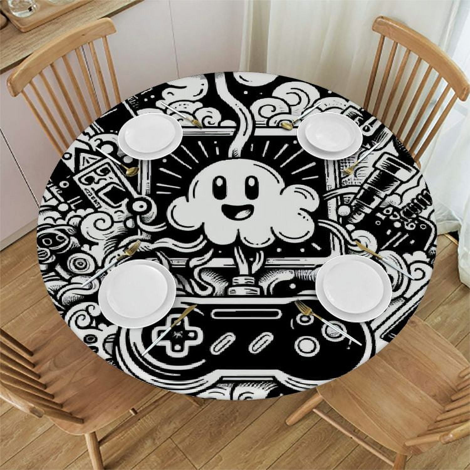 cbxzyzzc Monochrome Sketch Style Gaming Round Fitted Tablecloth with ...