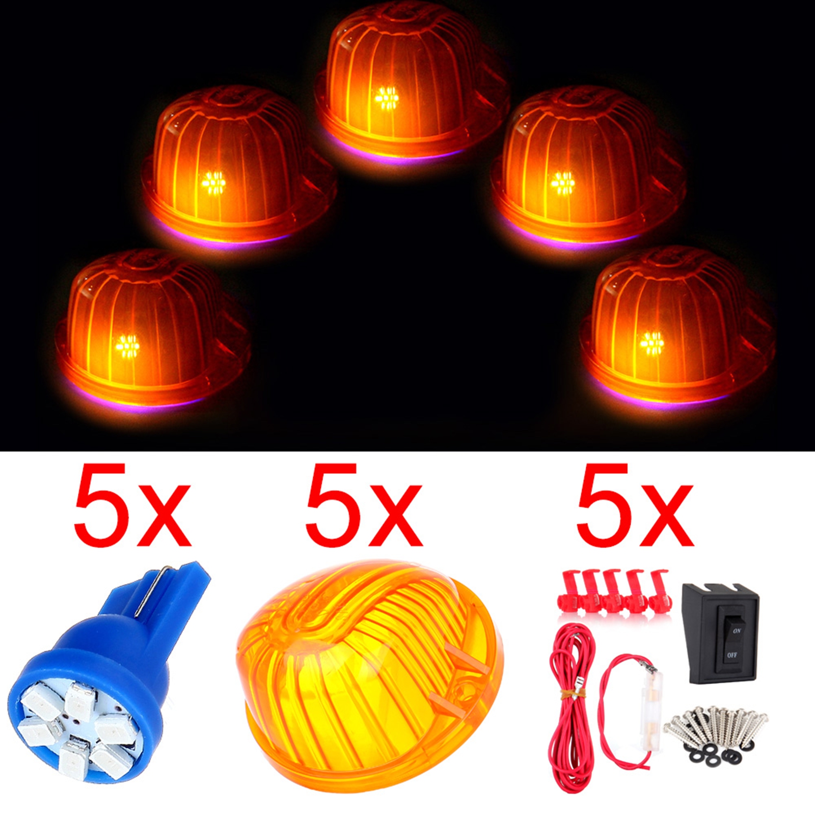cciyu 5x AmberLen Round-Shape Cab Marker Light+Wiring Pack T10-6-3020 ...