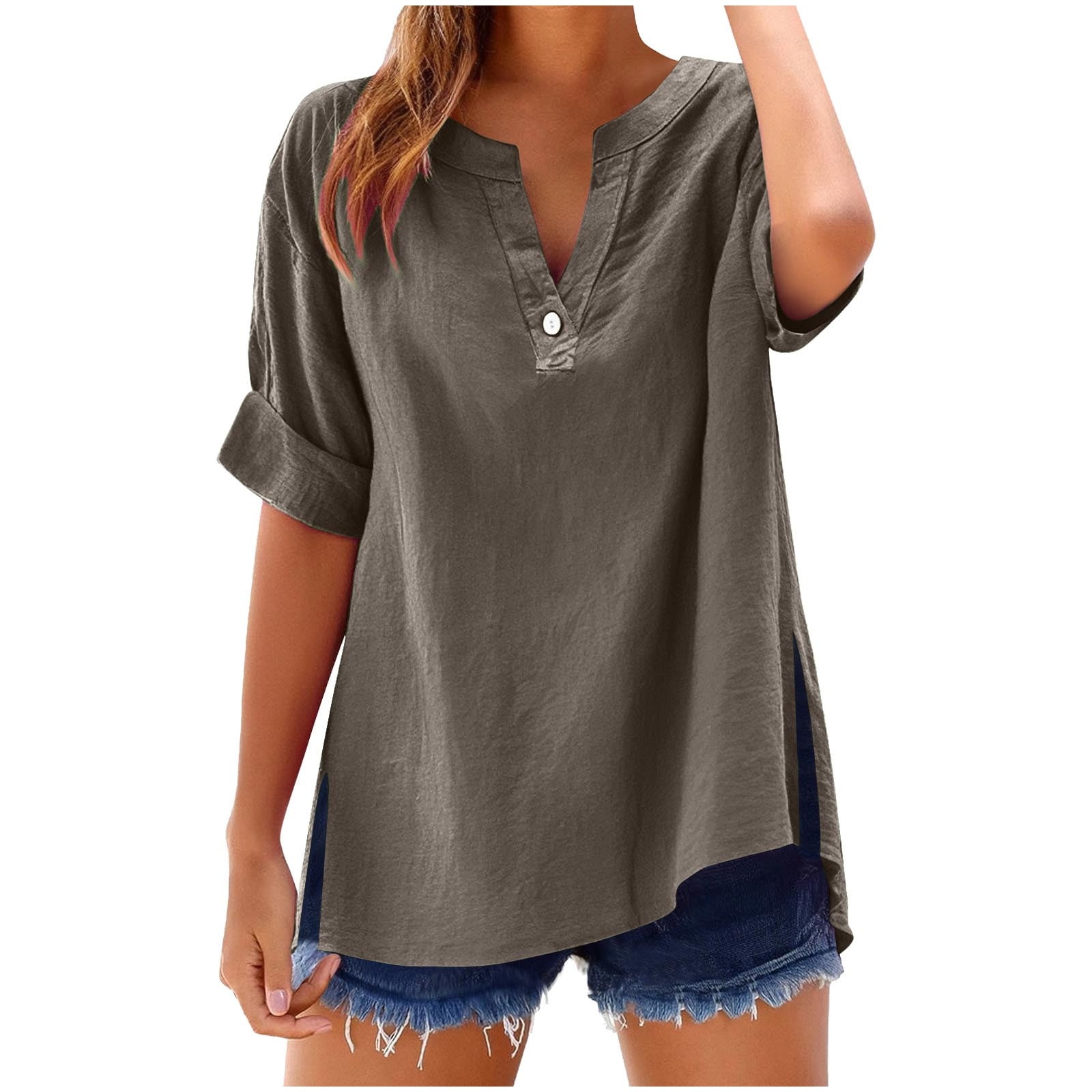 cfhntfmh 3/4 Sleeve Linen Tops for Women Plus Size Roll up Tops V Neck ...
