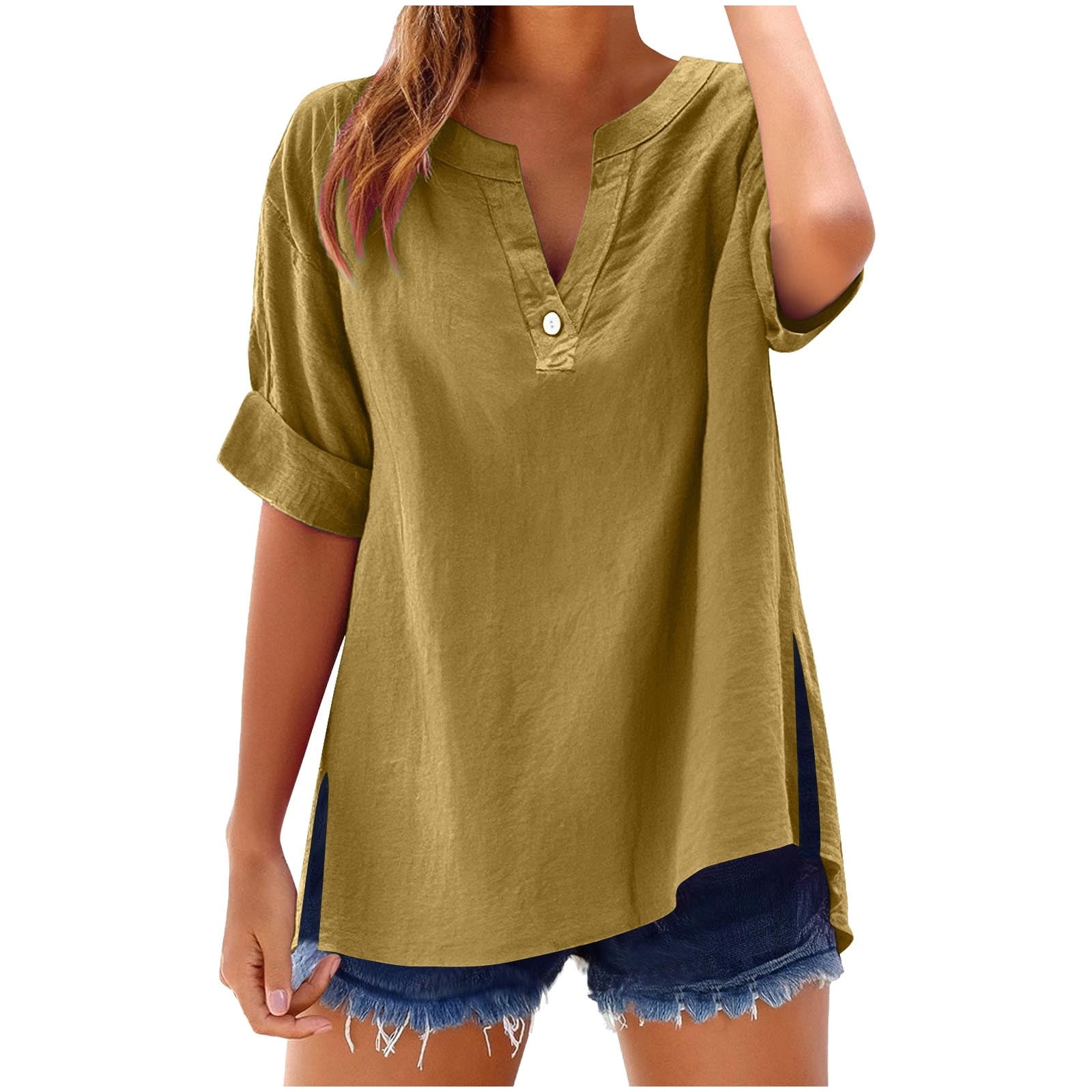 cfhntfmh 3/4 Sleeve Linen Tops for Women Plus Size Roll up Tops V Neck ...