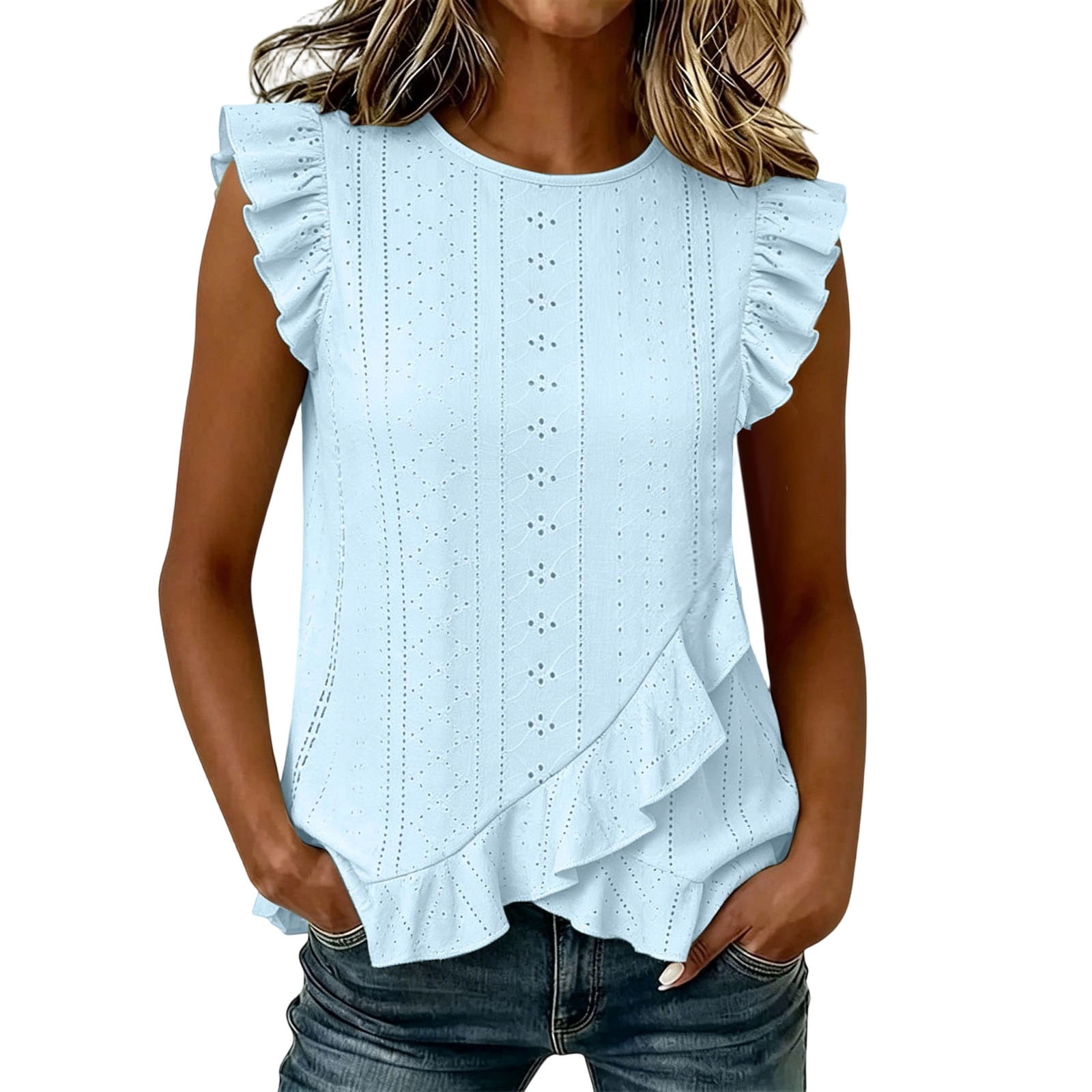 cfhntfmh Boho Tops for Women Eyelet Ruffle Tirm Cap Sleeve Shirt Crew ...