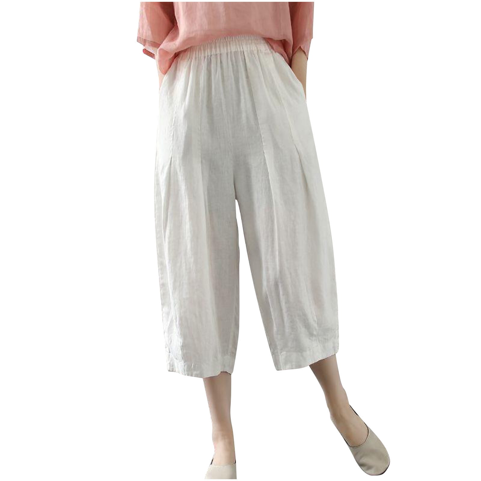 cfhntfmh Capri Pants for Women Cotton Linen Casual Elastic Waisted ...